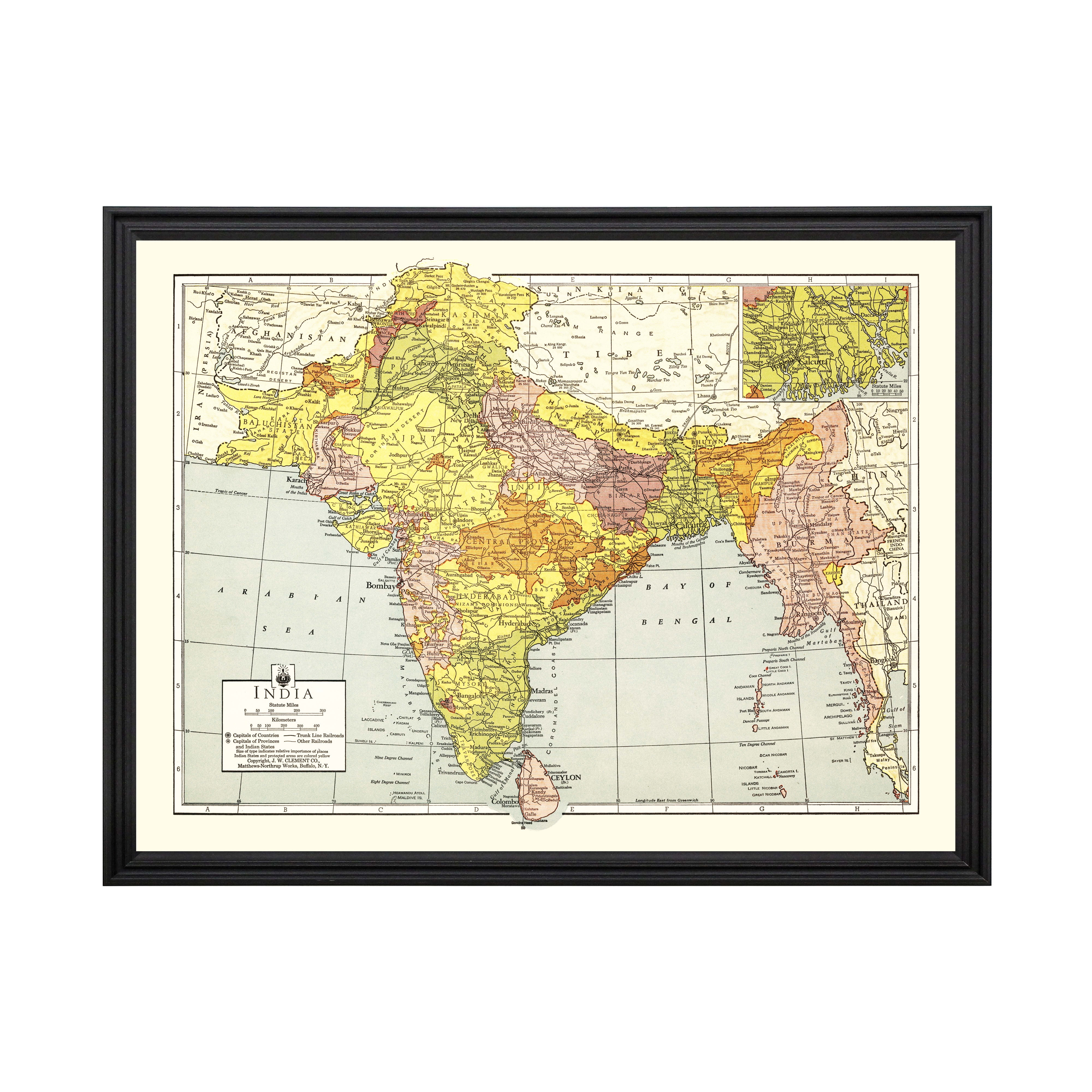 India Map, 1943 Vintage Map of India History Wall Decor Gift, Old India Map - 24" x 18" Black ...