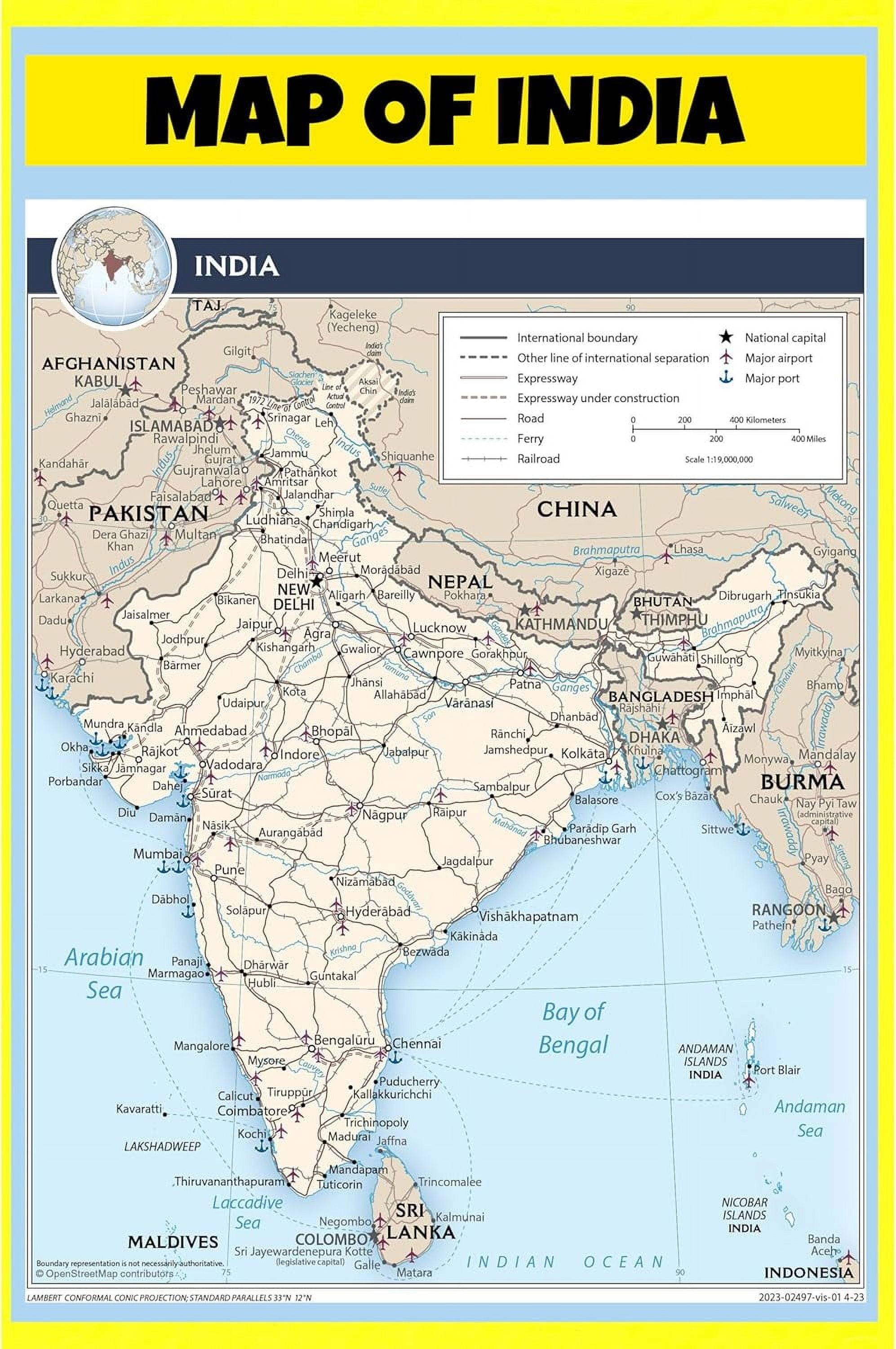 India Map Poster - Laminated Wall Map - 18x24 - Ideal for Classrooms and Homes – Features Bright ...