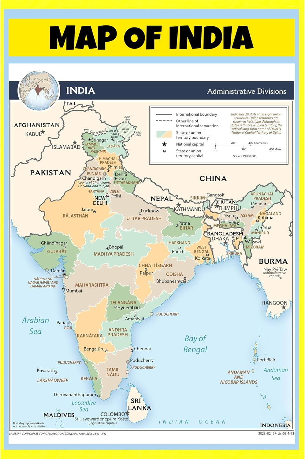India Map Poster - Laminated Wall Map - Style A - 24x36 - Ideal for Classrooms and Homes ...