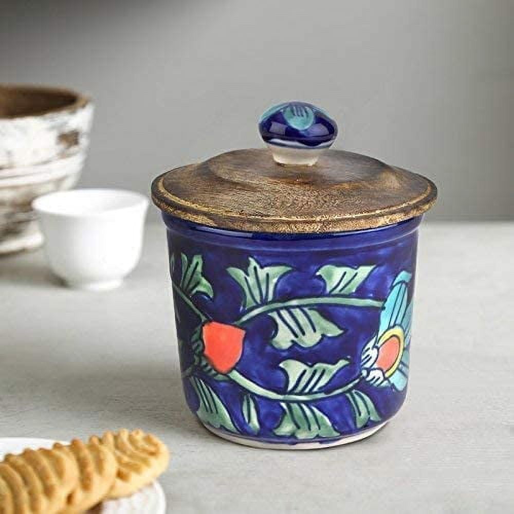 India Meets India Blue Ceramic Airtight Container Jar 10 Oz Wooden Lid ...