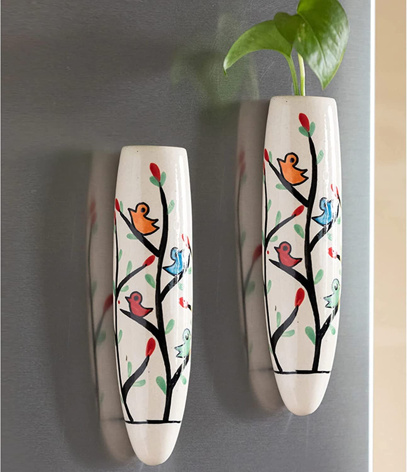 India Meets India Ceramic Magnetic Vase/Planter [White], Birds Design ...