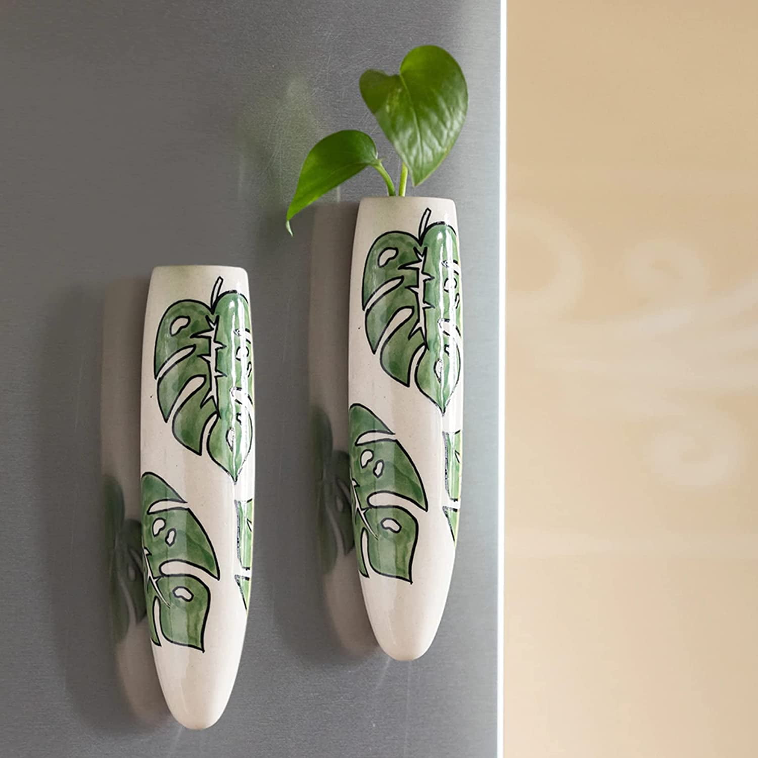 India Meets India Ceramic Magnetic Vase/Planter [White], Leaf Pattern ...