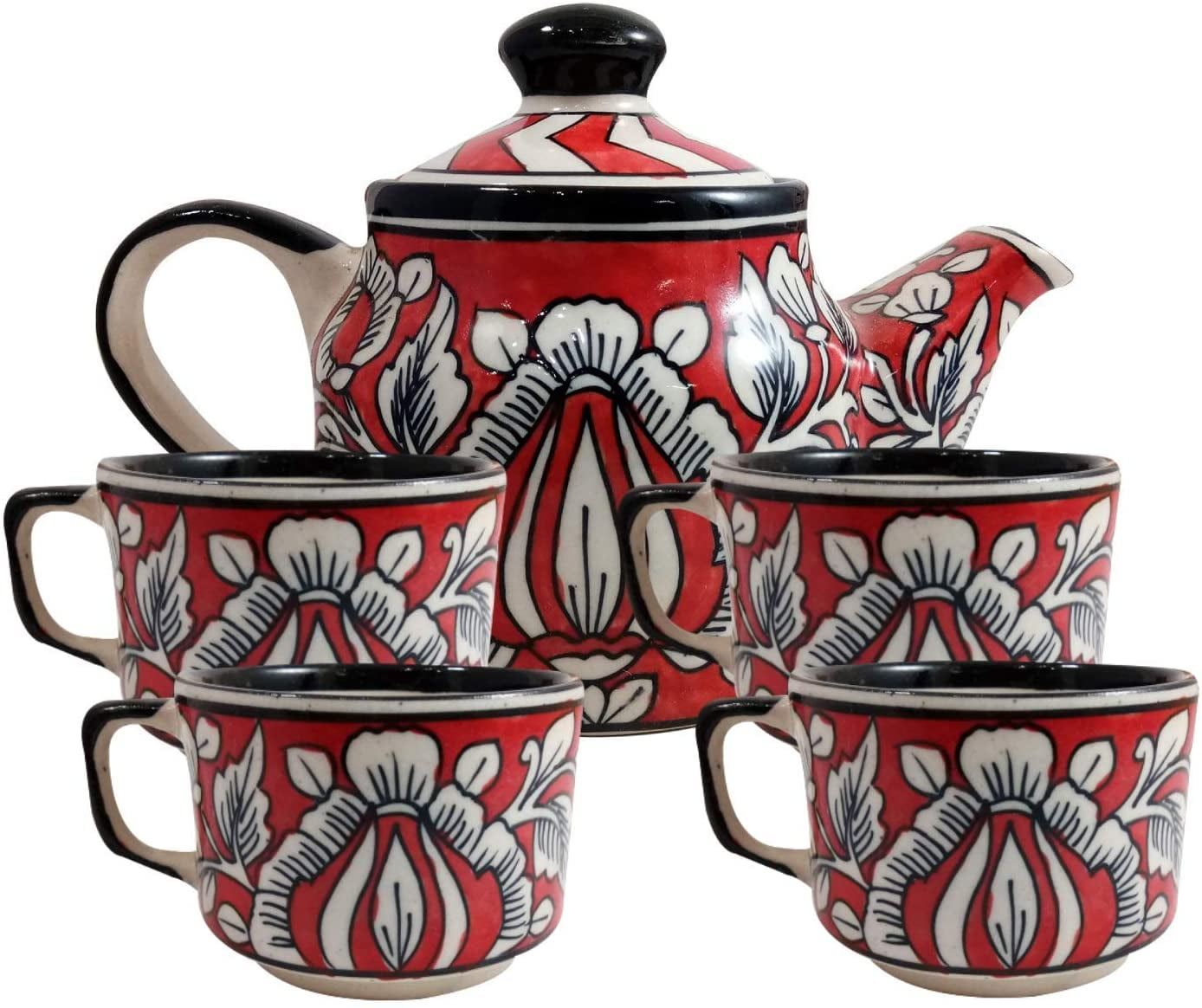 India Meets India Red Ceramic Tea Pot Kettle 20 Oz & 4 Tea Cups Floral ...