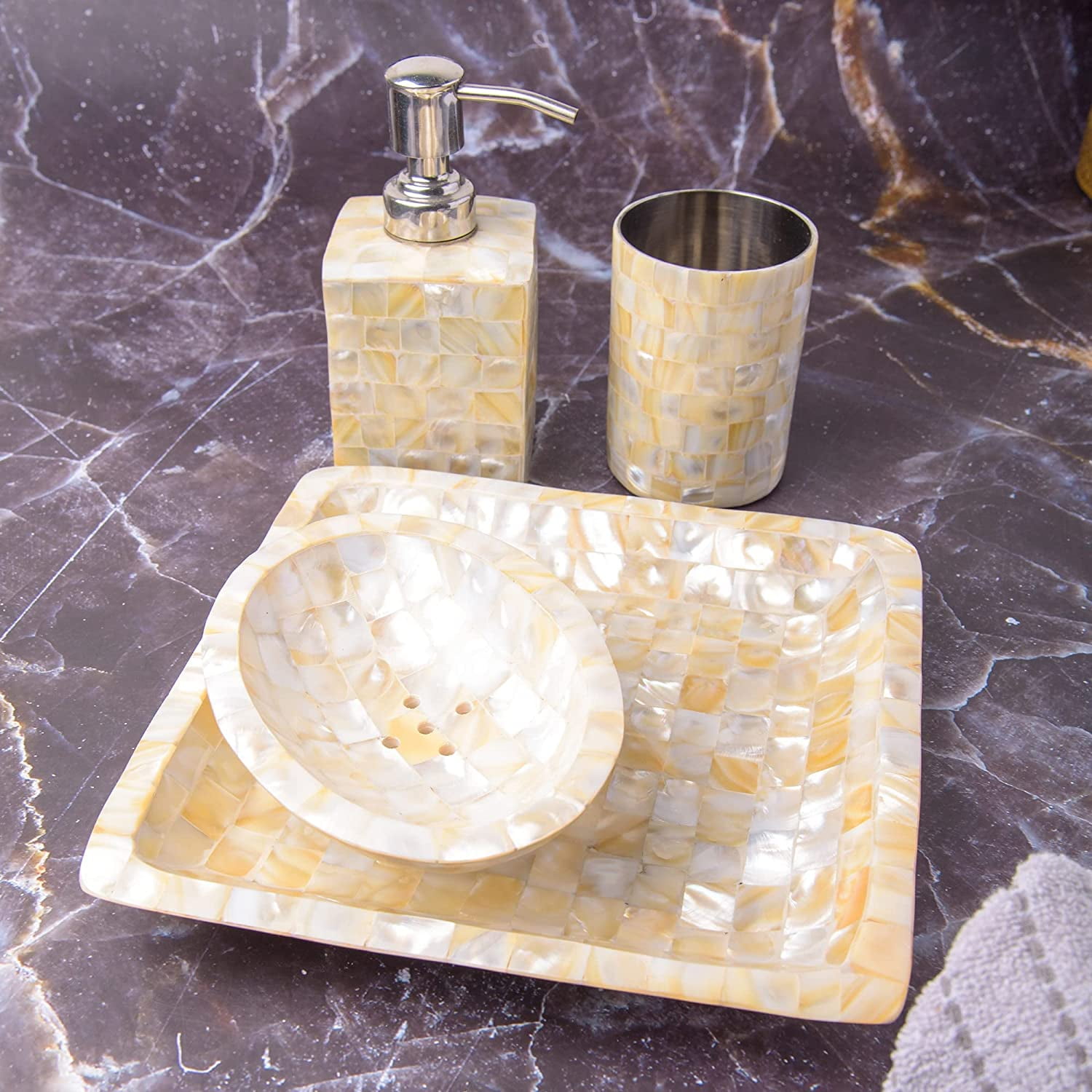 India Meets India Sea Shell Bathroom Accessories Set Soap Dish, Liquid ...