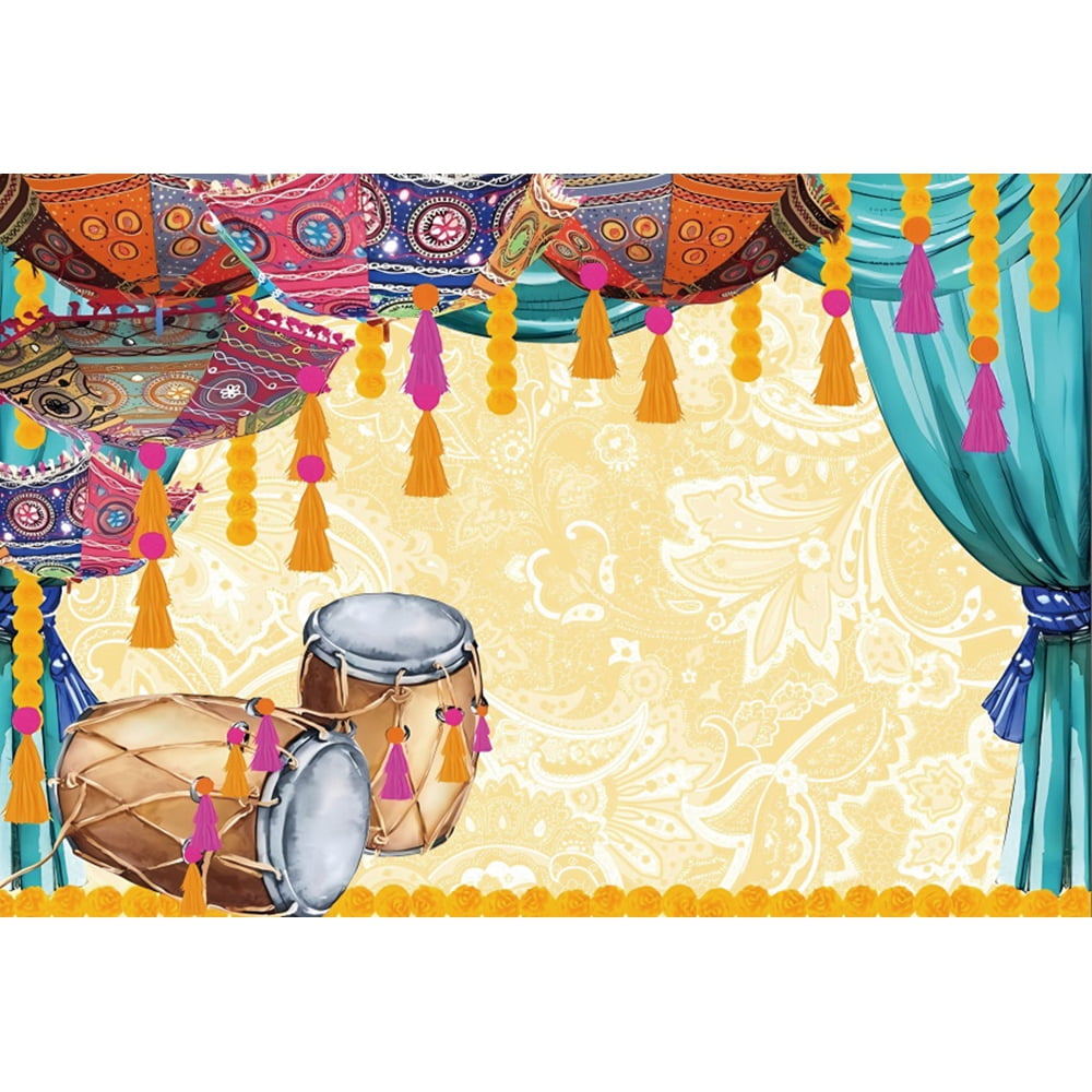 India Pooja Party Photography Backdrop Marigold Green Banana Leaves ...