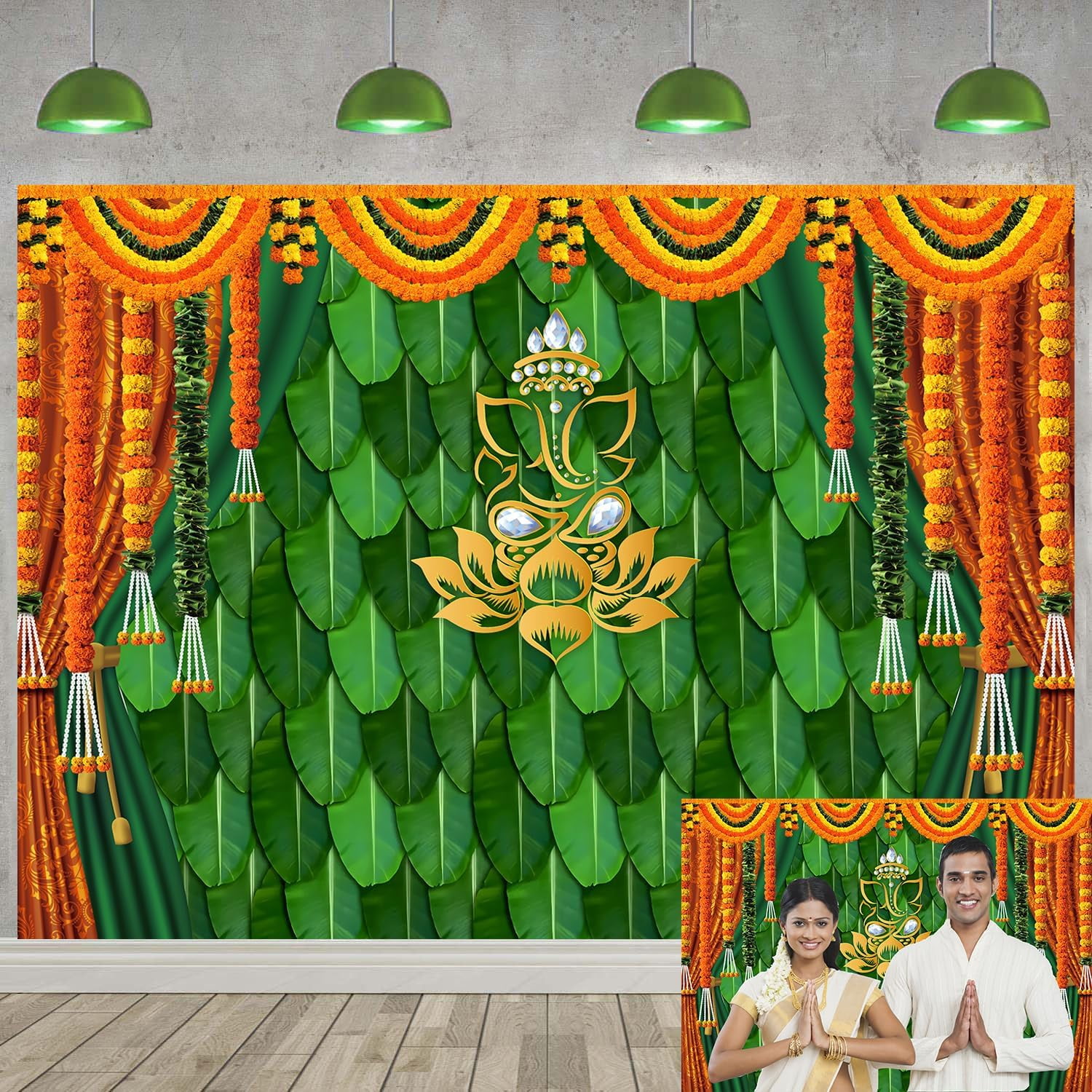 India Pooja Traditional Backdrop Marigold Green Banana Leaf Chatiya ...