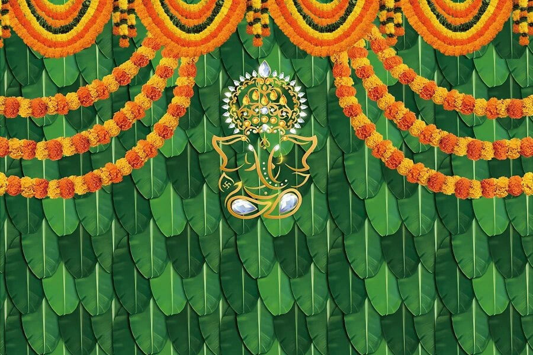 India Pooja Traditional Photography Backdrop Leaf Green Marigold Puja ...