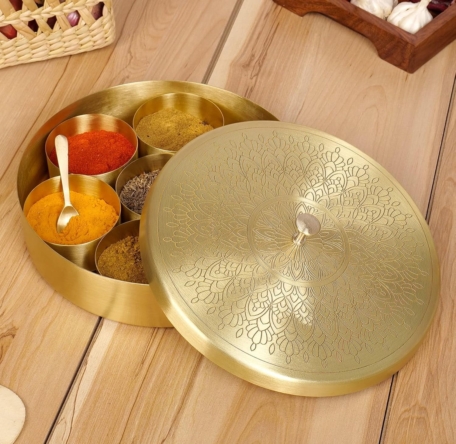 India house spice box indian masala dabba Brass masala Dabba–8 inch ...