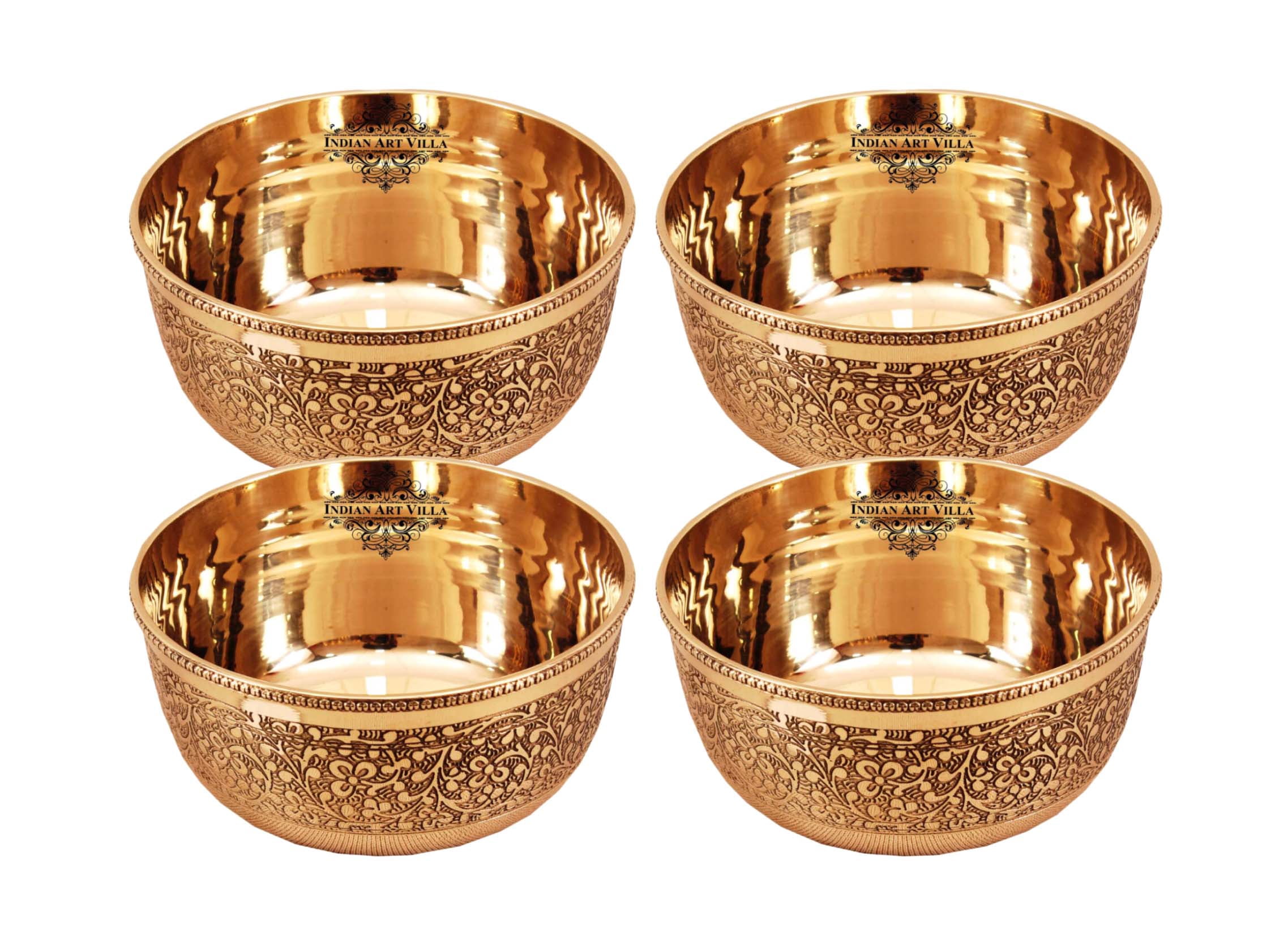 Indian Art Villa Brass Bowls Set of 4 with Embossed & Beaded Design ...