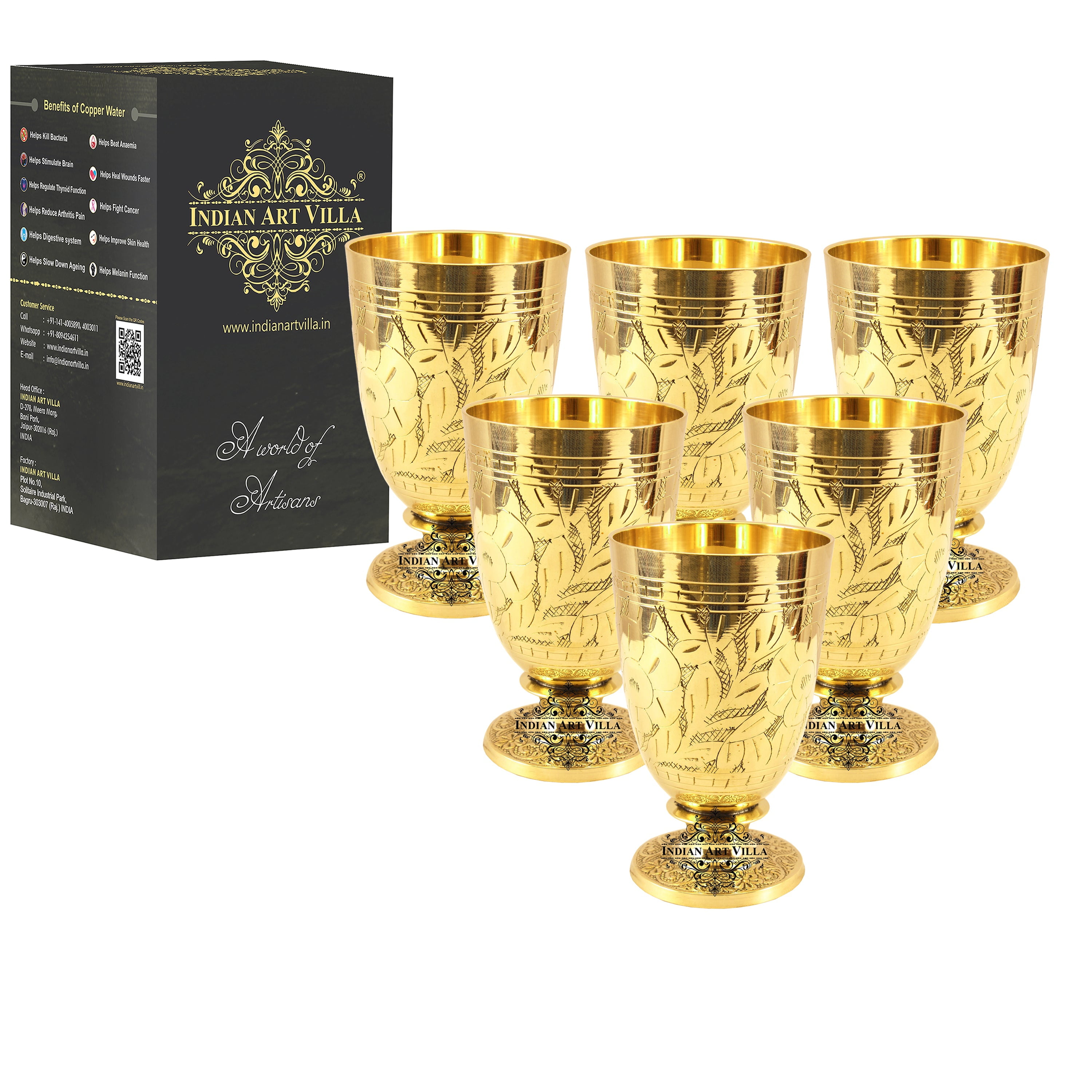 Indian Art Villa Brass Designer Glass with Bottom Stand Drinkware, 12 oz, Set of 6 - Walmart.com
