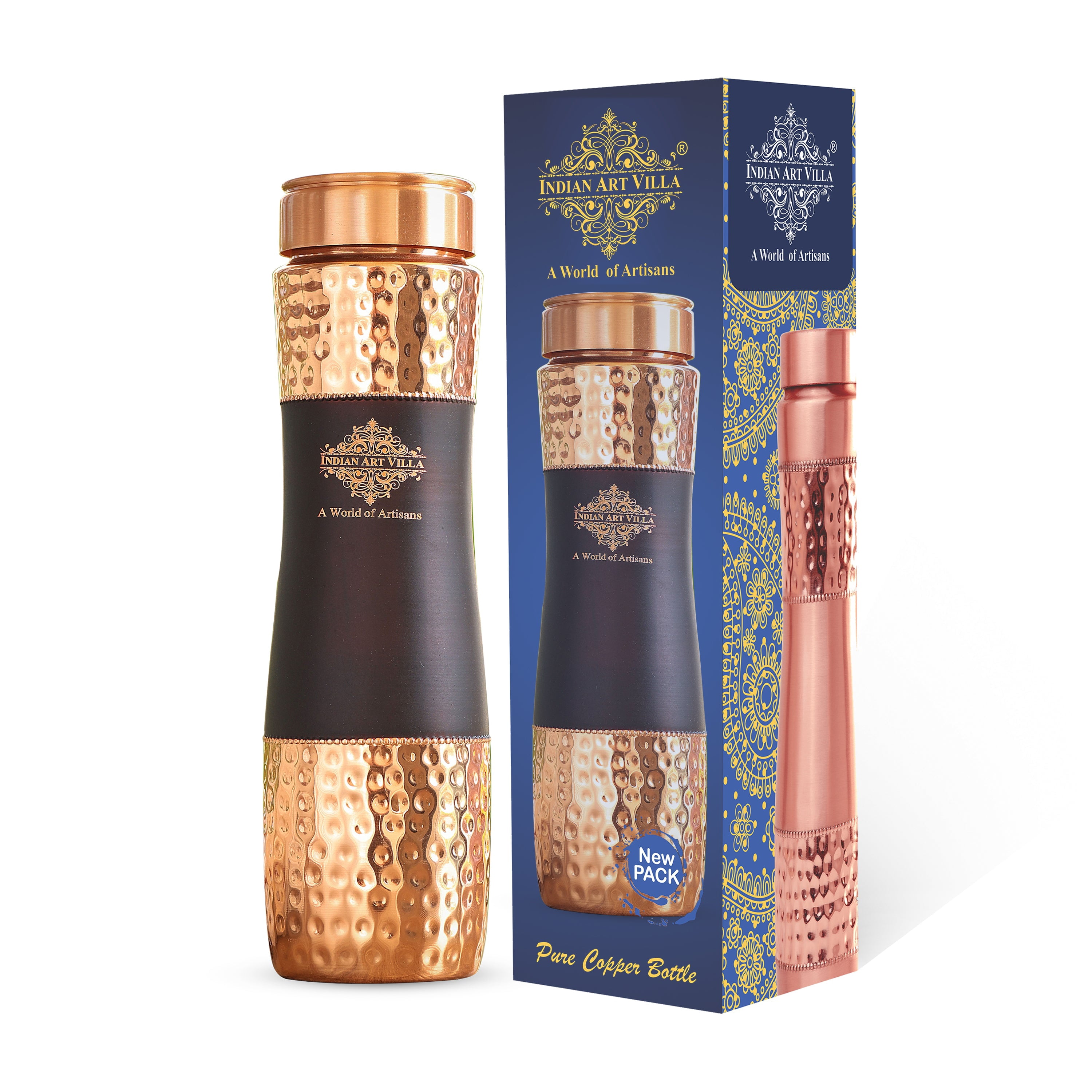 Indian Art Villa Copper Water Bottle - 34 oz, Dual-Tone Silk Finish ...