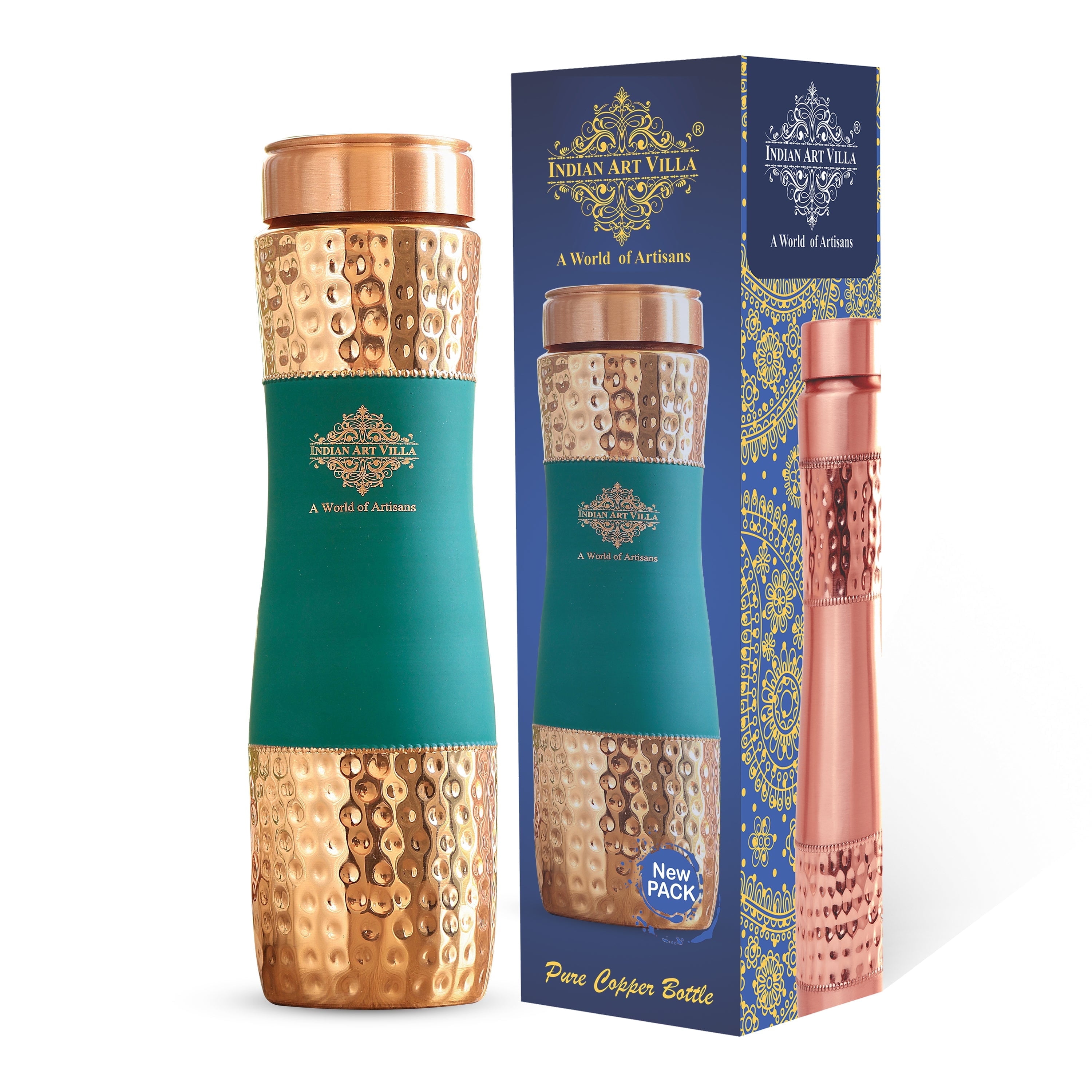 Indian Art Villa Copper Water Bottle - 34 oz, Dual-Tone Silk Finish ...