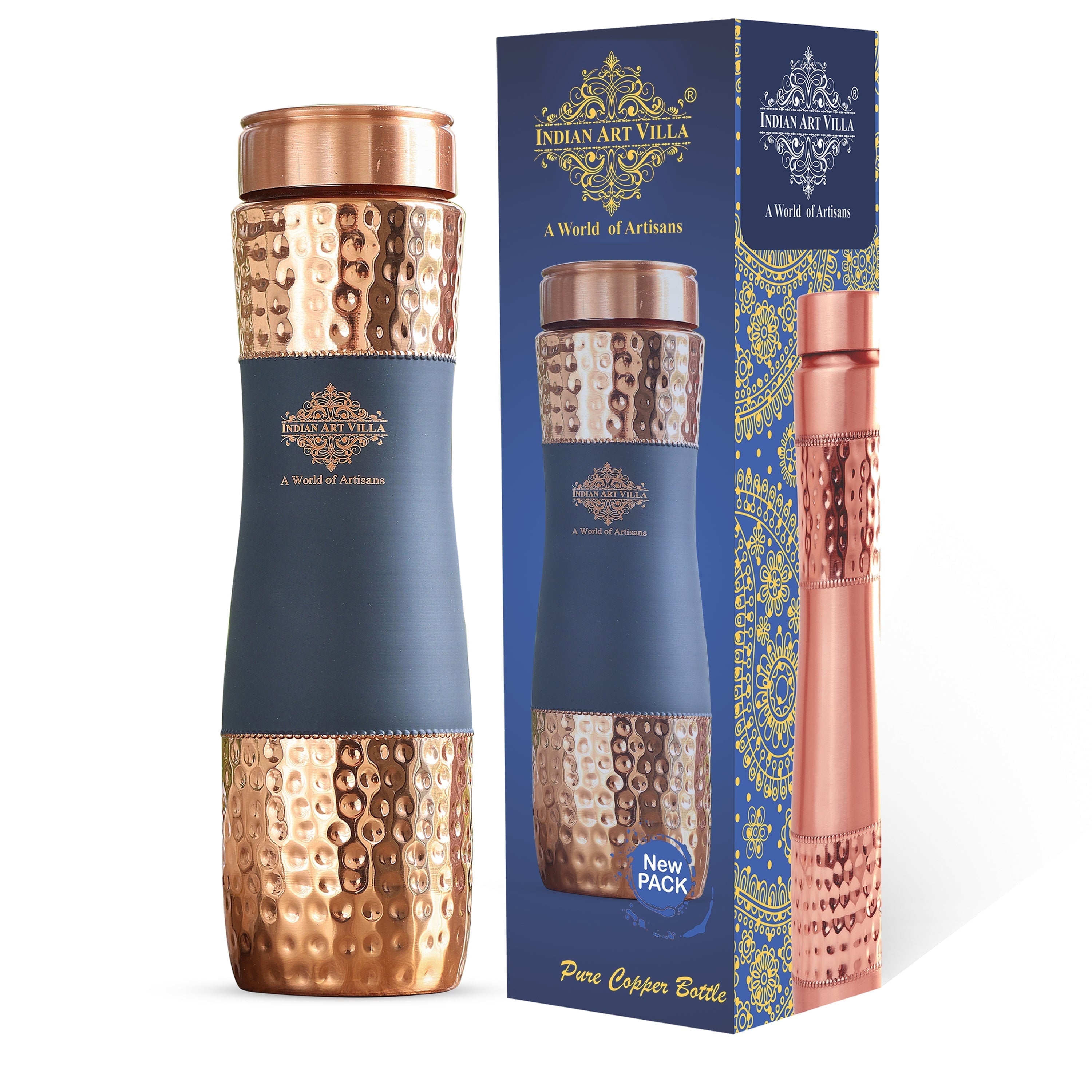 Indian Art Villa Copper Water Bottle - 34 oz, Dual-Tone Silk Finish ...