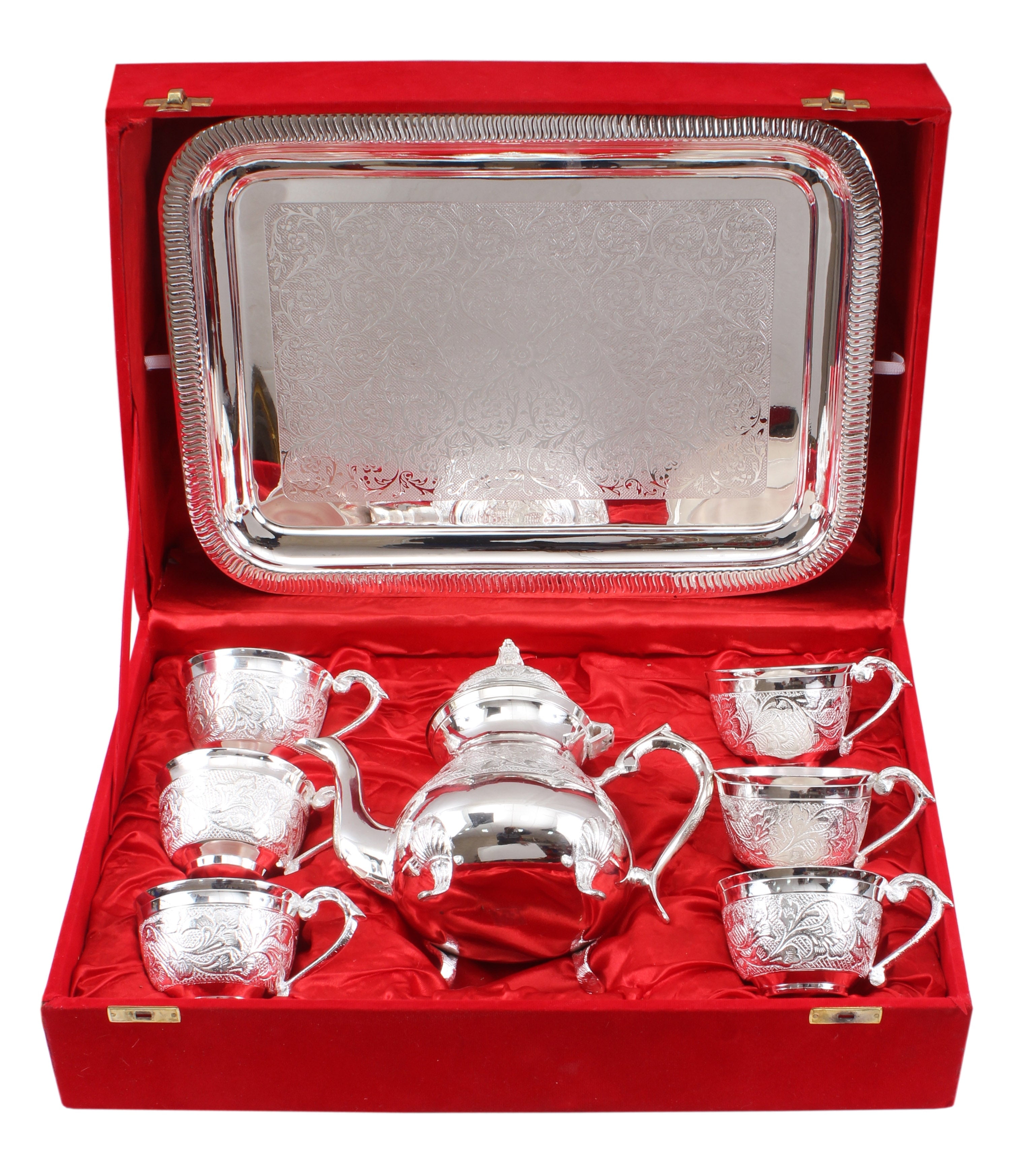 Indian Art Villa Elegant Silver-Plated Designer Teapot, 6 Cups & Tray ...