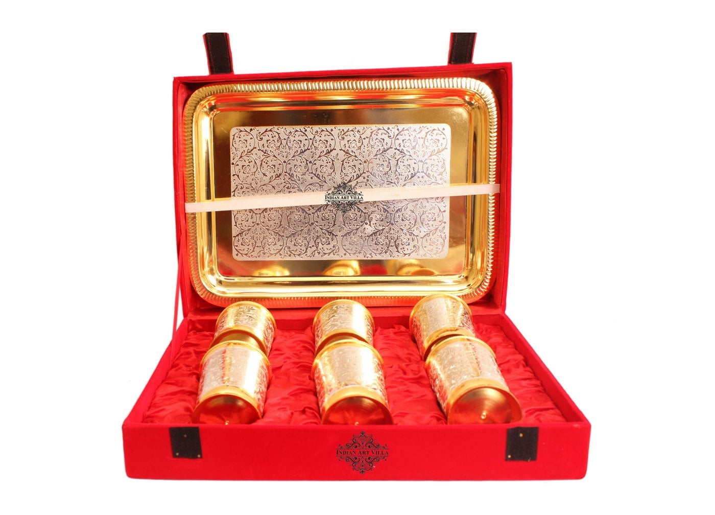 Indian Art Villa Silver-Plated Glass & Tray Set, 7-Piece, Red Velvet ...