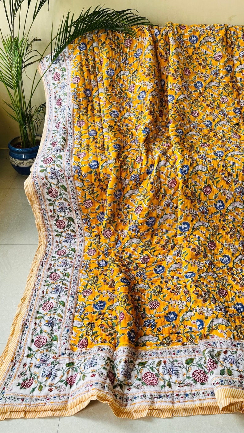 Indian Beautiful Hand Block Print Quilt Indian Handmade Cotton Floral ...
