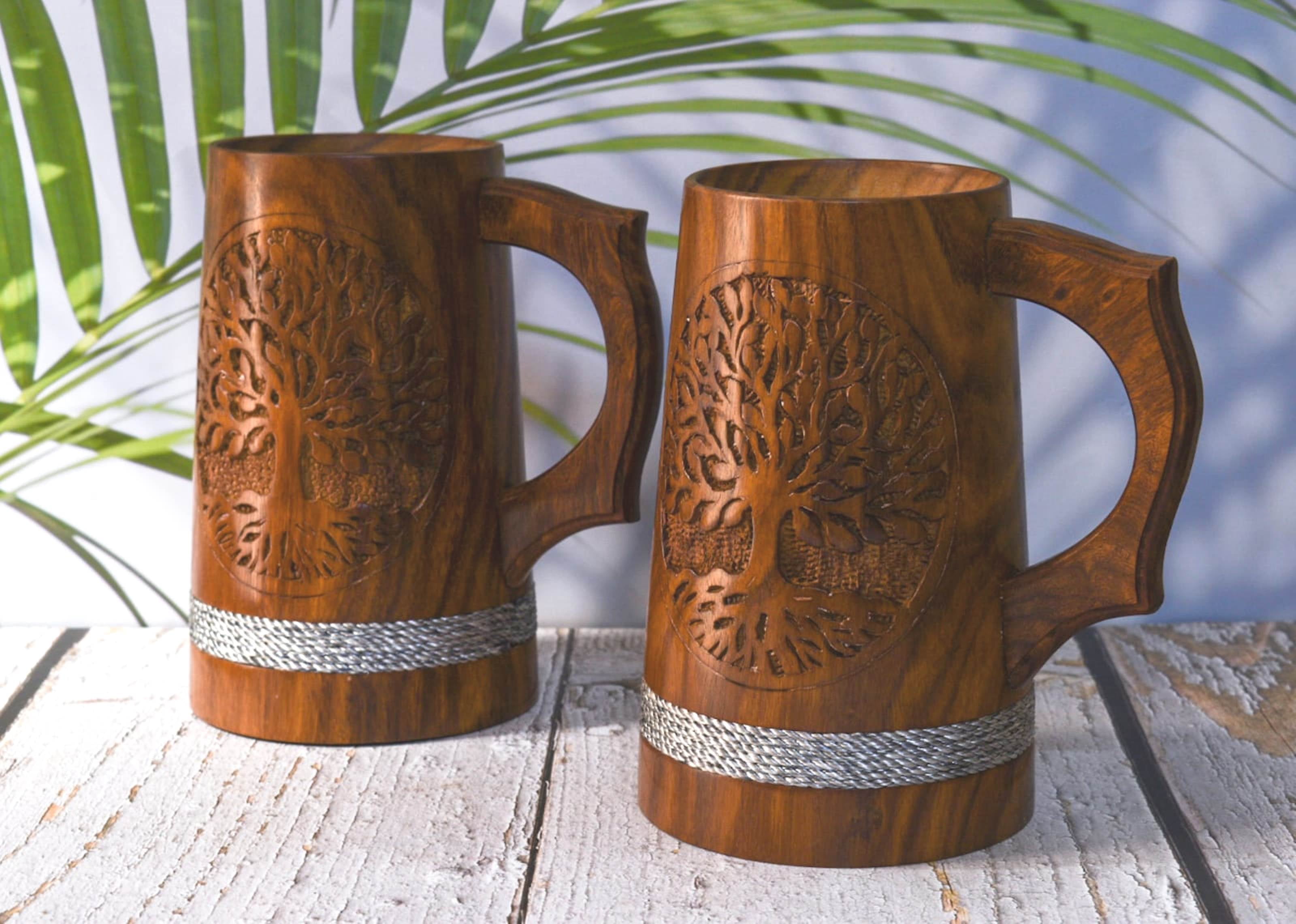 India House Wooden Mug, Handcrafted, Engraved, Eco-Friendly, 22 OZ, Set ...