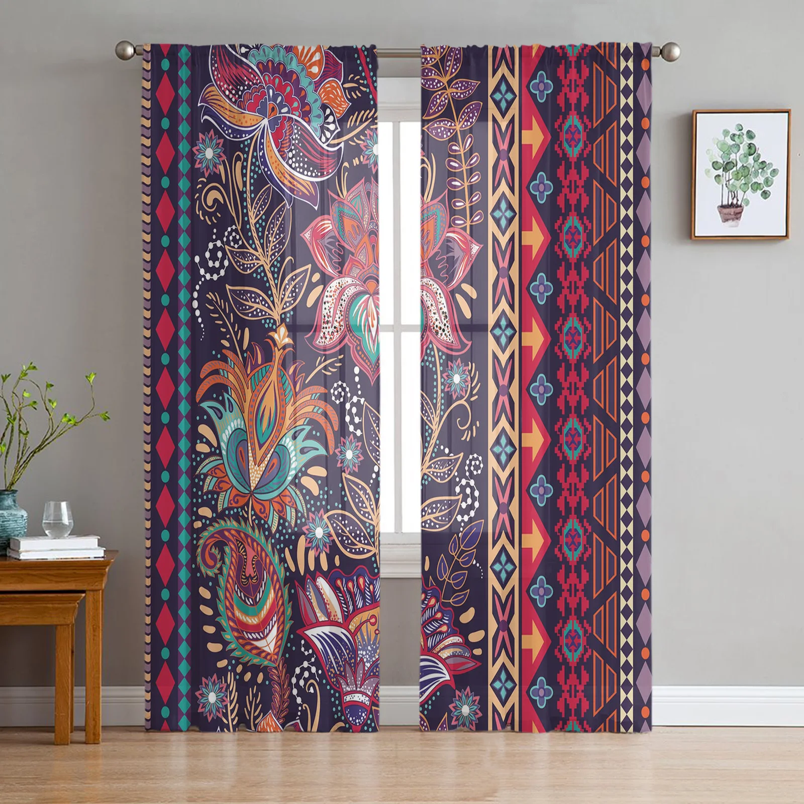 Indian Boho Paisley Texture Chiffon Sheer Curtains for Living Room ...