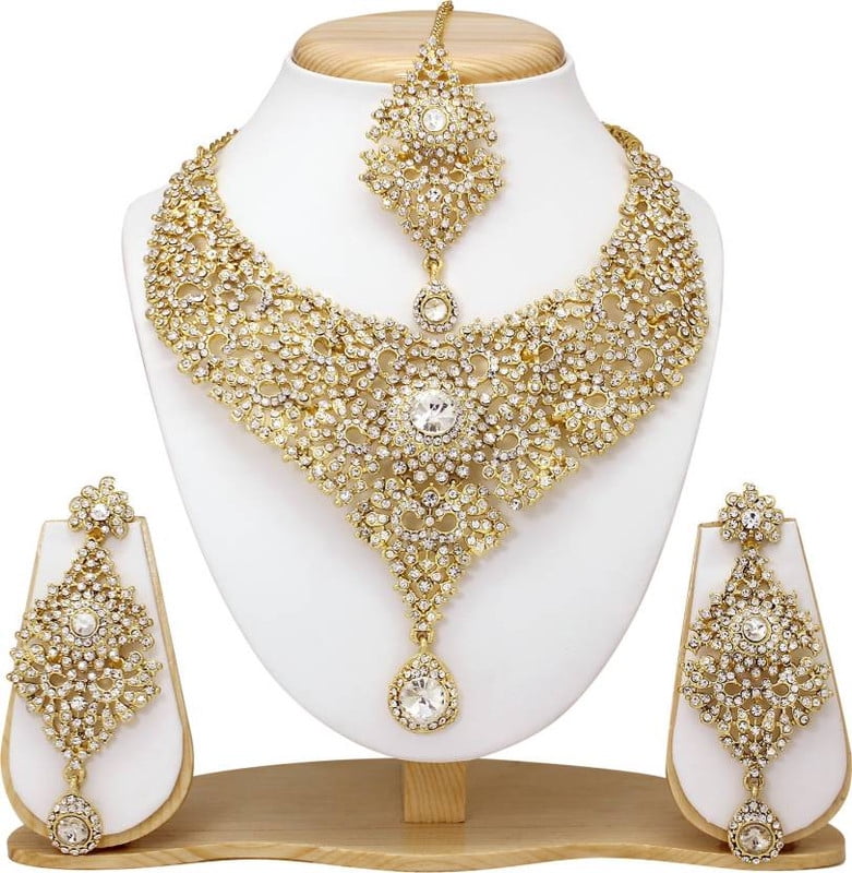 Indian Bollywood Fashion Style Gold Plated Wedding & Bridal Necklace Earrings Tikka Rhinestone ...