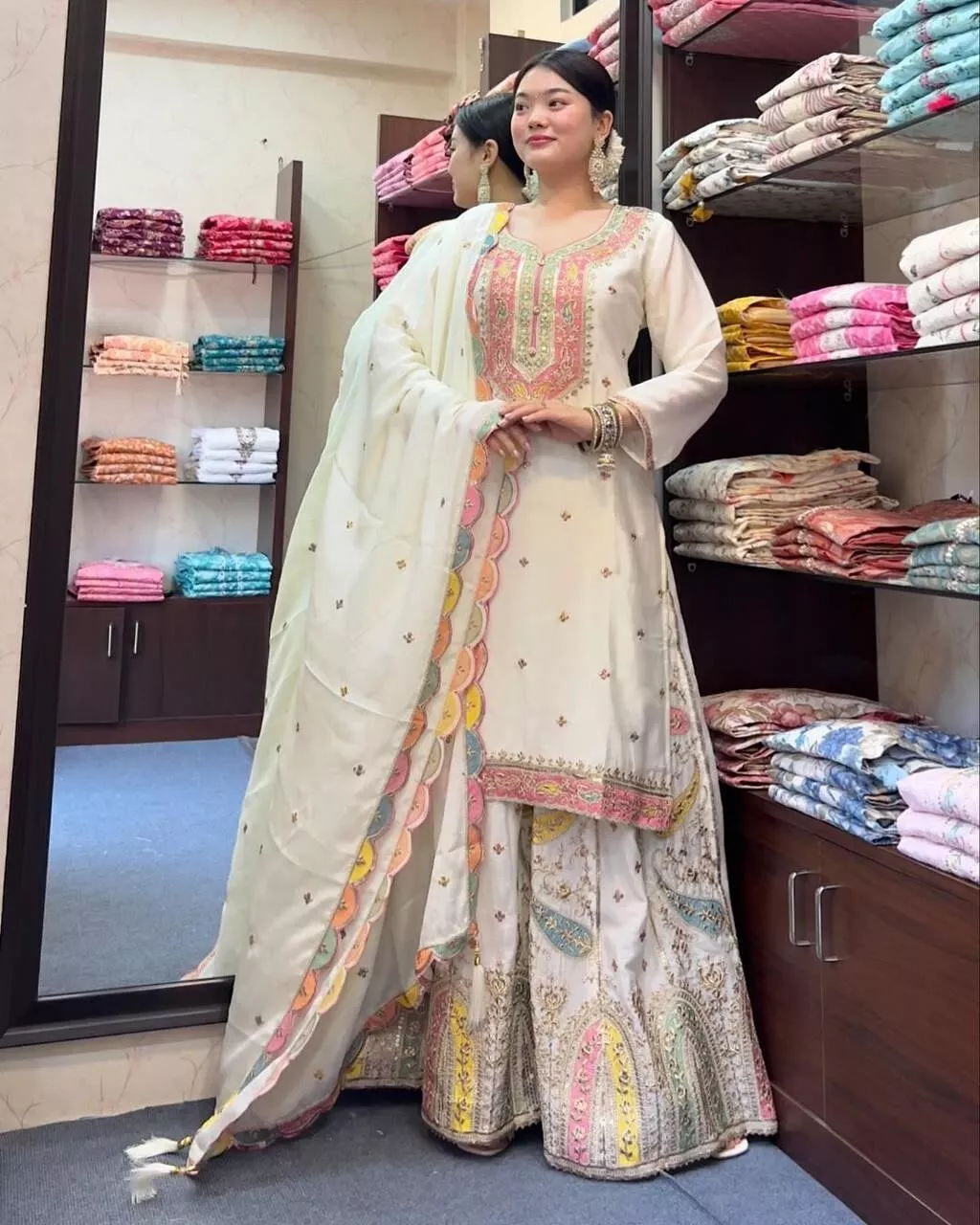 Indian Bollywood Top Sharara Dupatta Set Heavy Chinon Silk Designer ...