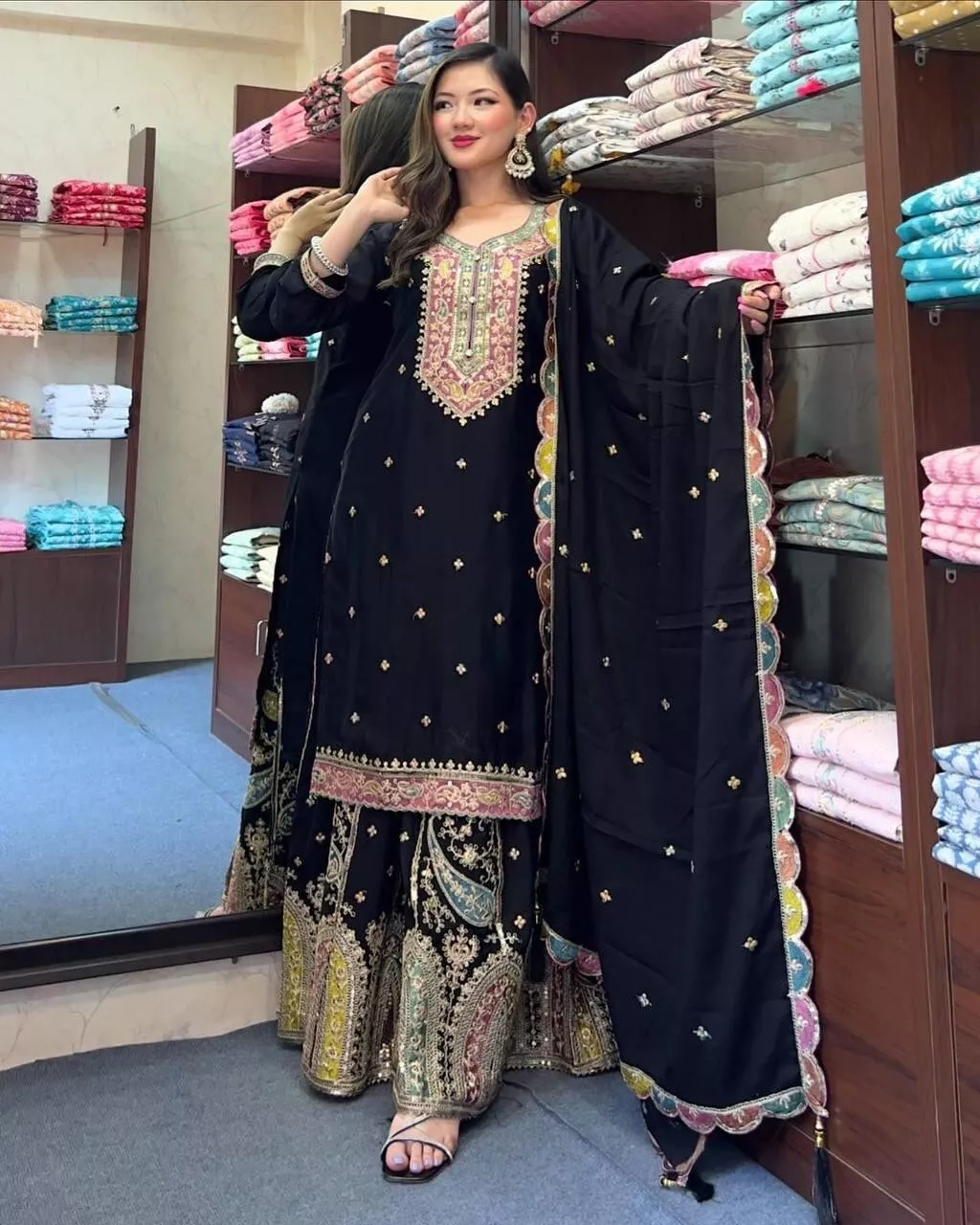 Indian Bollywood Top Sharara Dupatta Set Heavy Chinon Silk Designer ...
