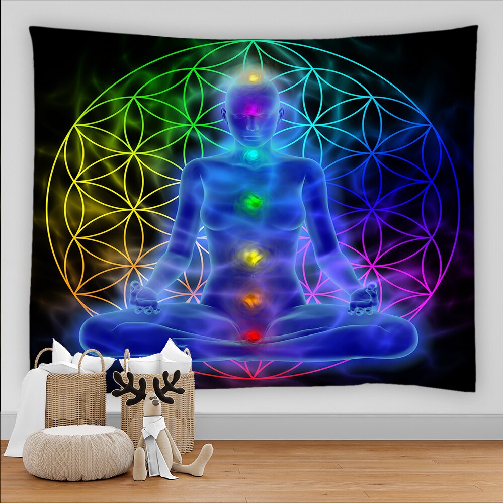 Indian Buddha Statue Meditation 7 Chakra Tapestry Wall Hanging Mandala ...