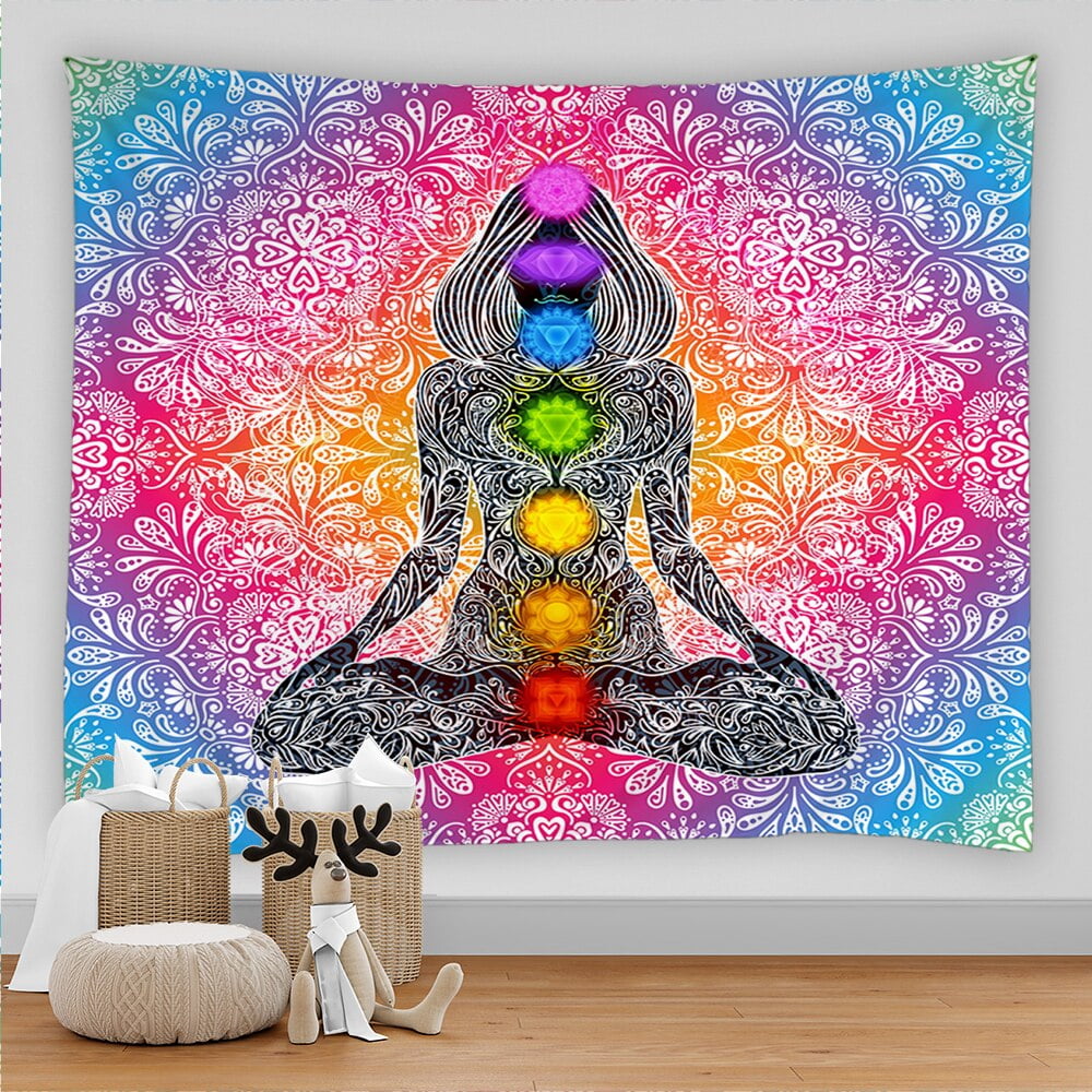 Indian Buddha Statue Meditation 7 Chakra Tapestry Wall Hanging Mandala ...