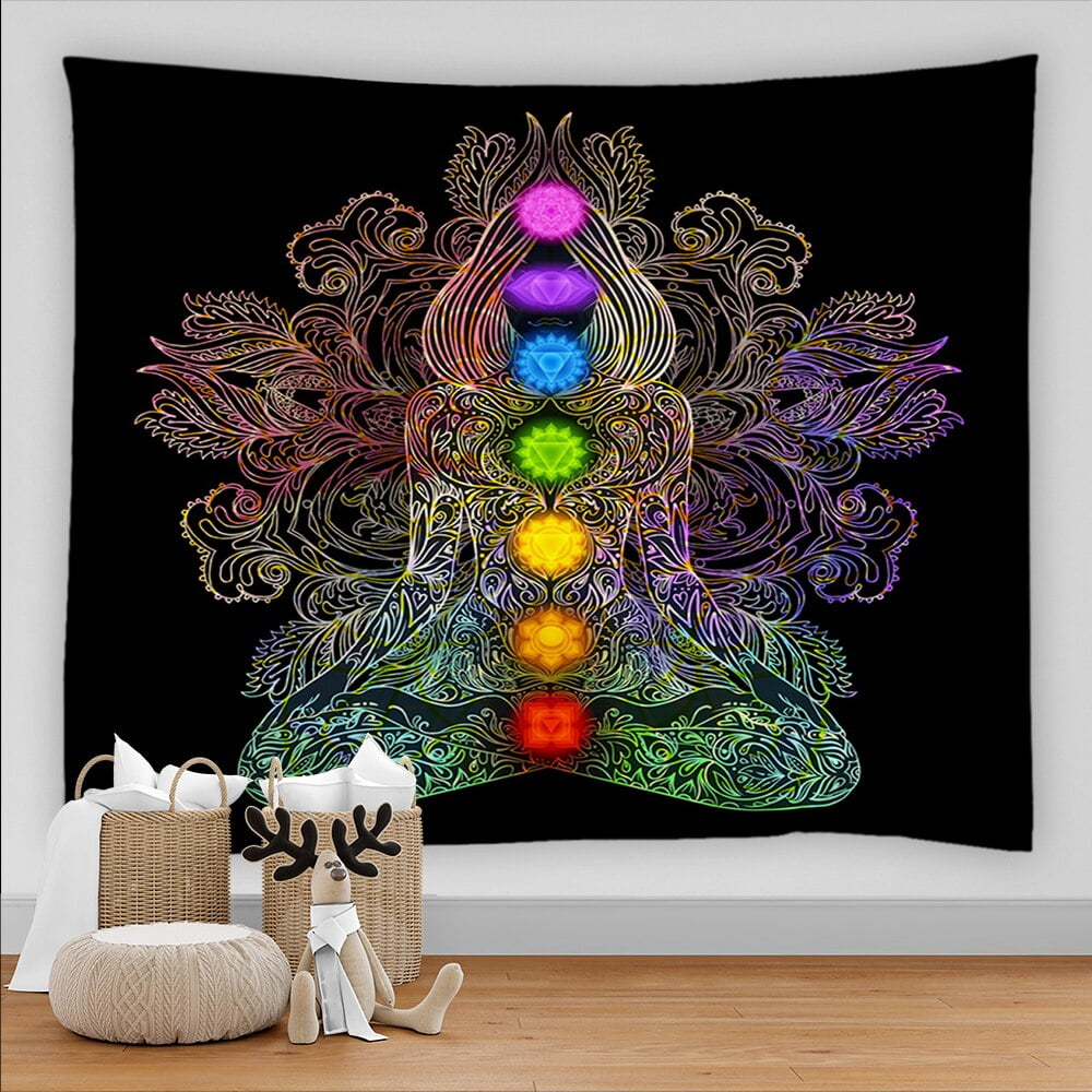 Indian Buddha Statue Meditation 7 Chakra Tapestry Wall Hanging Mandala ...