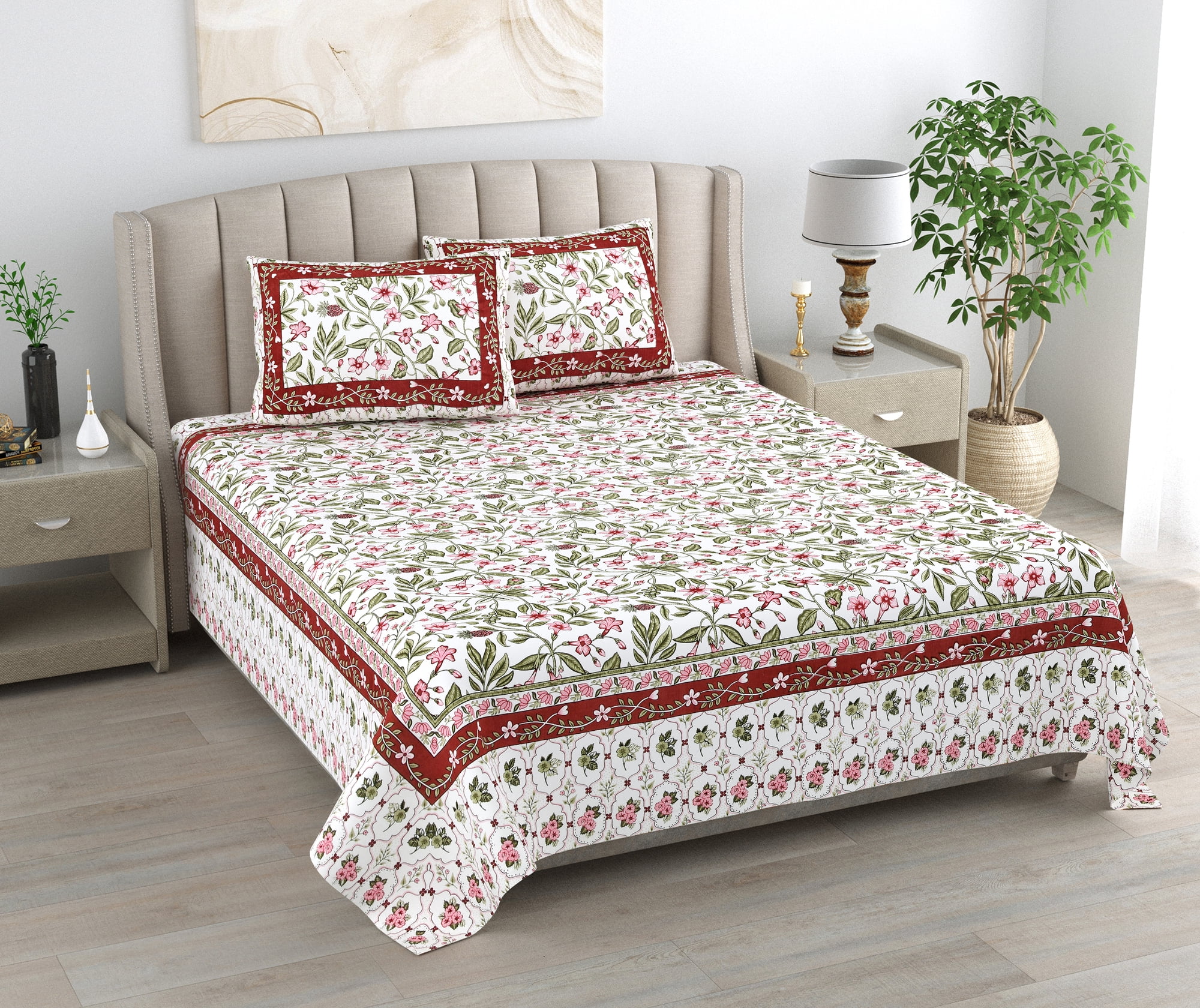 Indian Cotton Bedspread Queen Size with Pillow Covers – Ethnic Floral ...