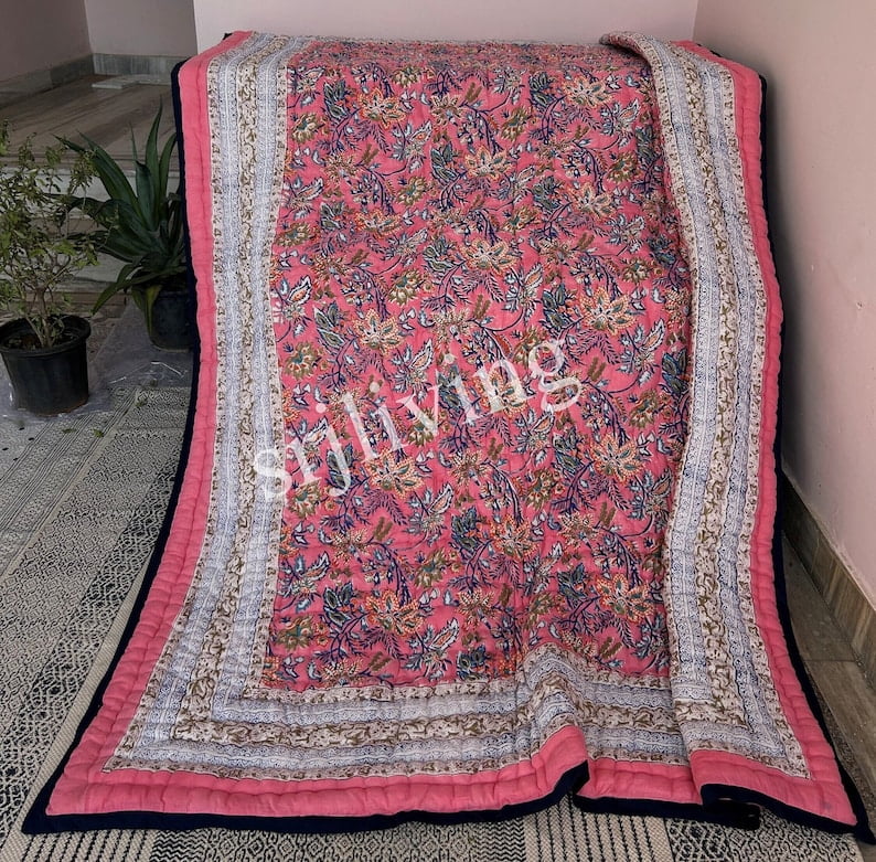 Indian Cotton Handmade Quilted Razai Floral Hand Block Print Winter ...