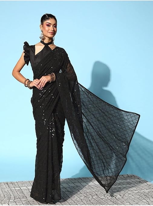Indian Designer Ethnic Bollywood Georgette Sequined Work Saree For ...