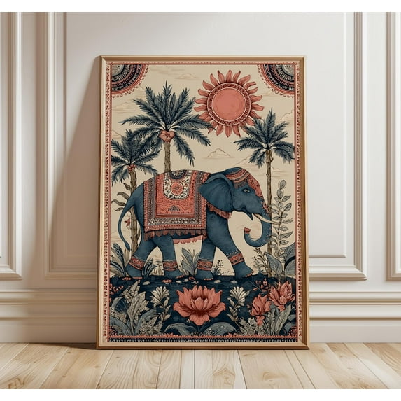 Indian Elephant Art Print, Boho Wall Art, Exotic Jungle Poster, Folk ...