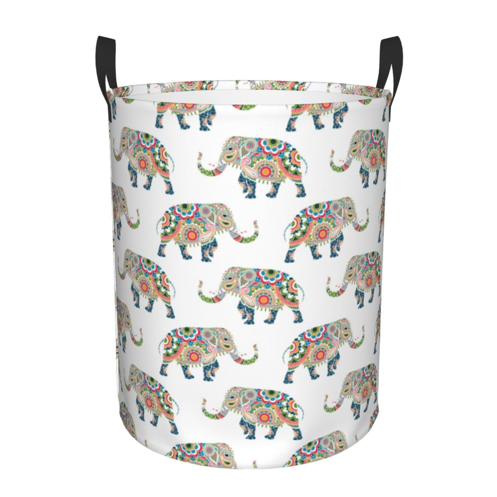 Indian Elephant Round Laundry Basket, Laundry Hamper with Handle ...
