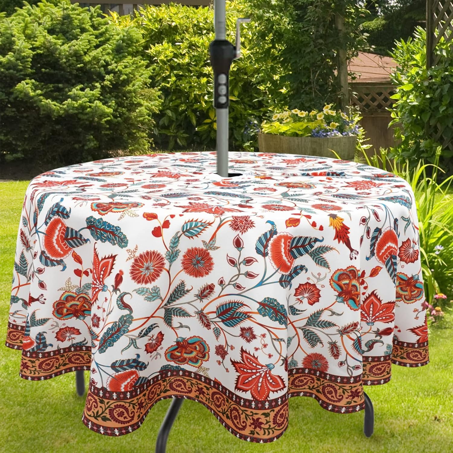 Indian Flowers Outdoor Tablecloth with Umbrella Hole for Round Table ...