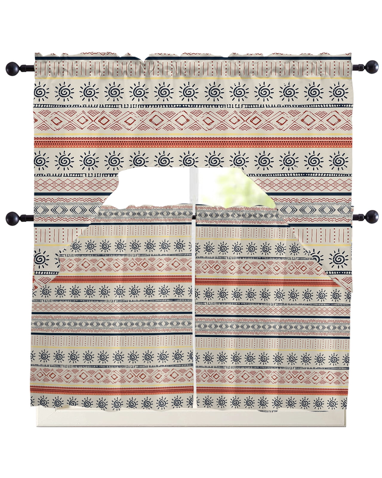 Indian Geometric Swag Valance and Tier Curtains Set Lines Dots Sun Hand ...