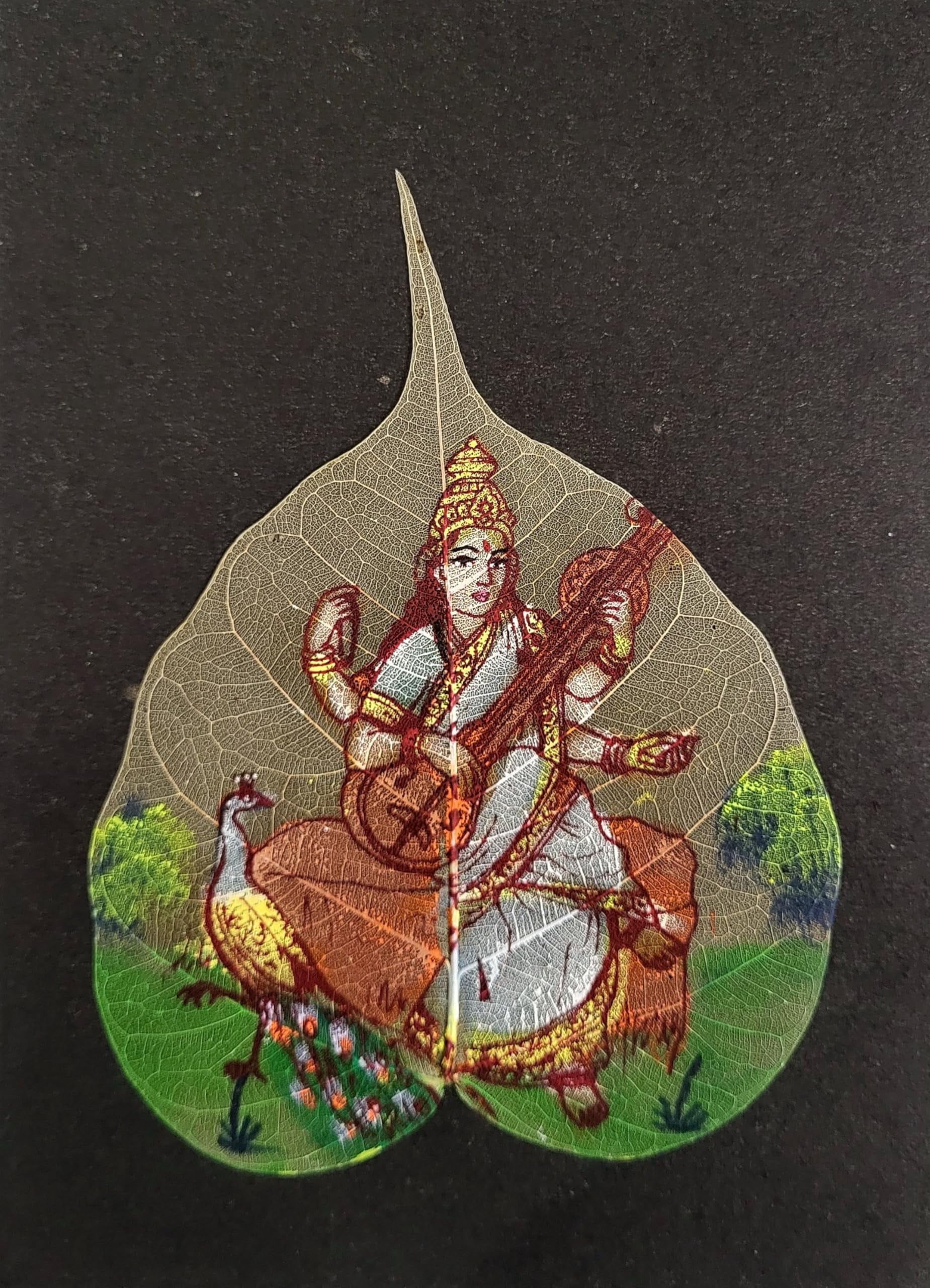 Indian Goddess Saraswati Handmade Leaf Painting - Pipal Leaf Art (9 * 6 ...