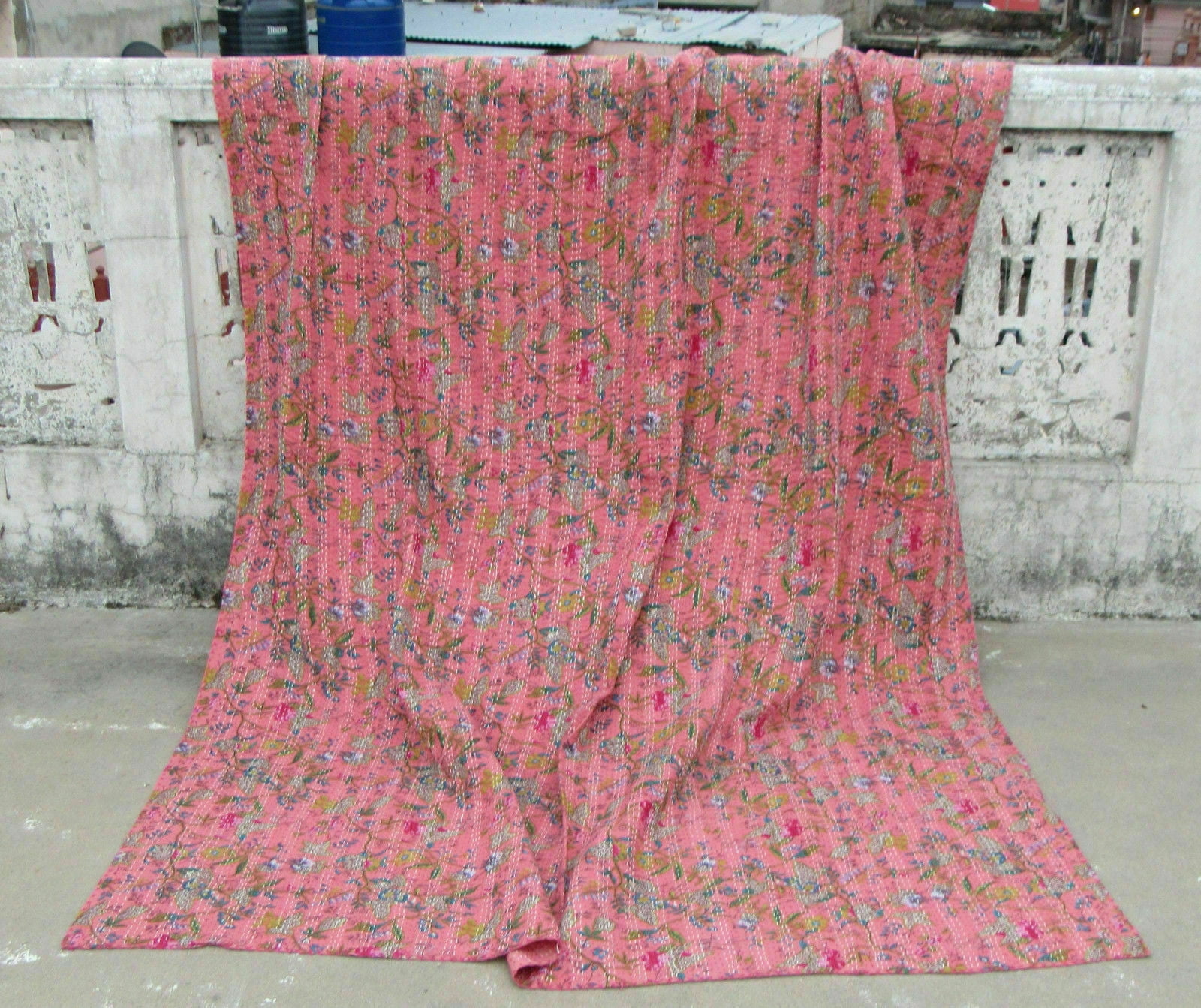 Indian Hand Block Kantha Double Size Quilt Cotton Pink Handmade ...