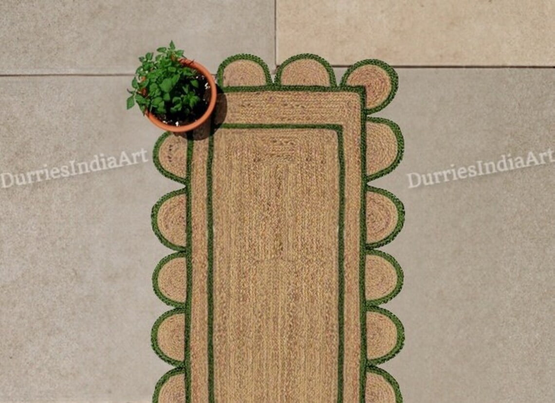 Indian HandBraided Green Border Scallop Jute Runner rug, Handmade ...
