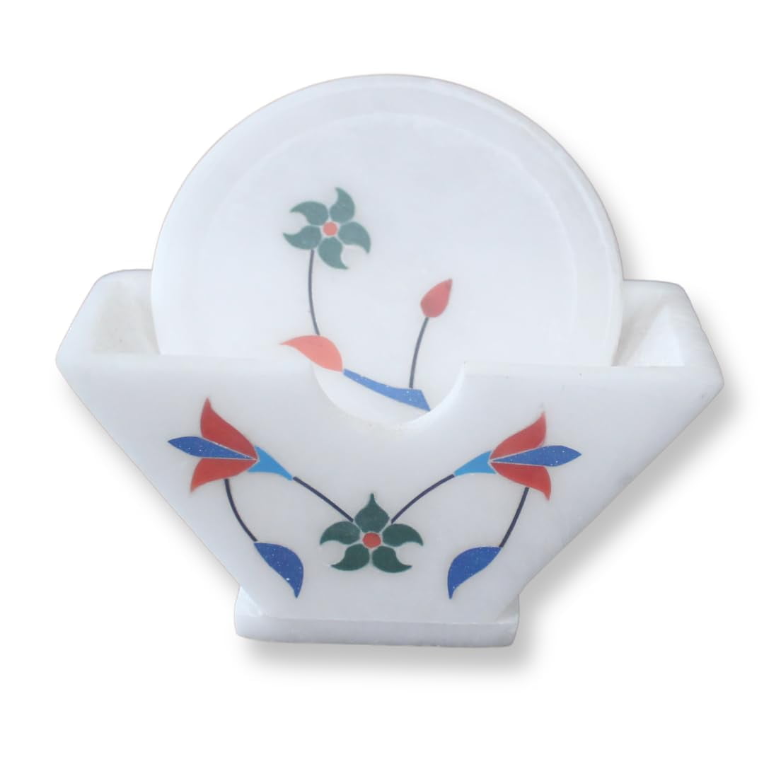 Indian Handicraft Bazar White Marble Stone Coasters Set with Real Stone ...