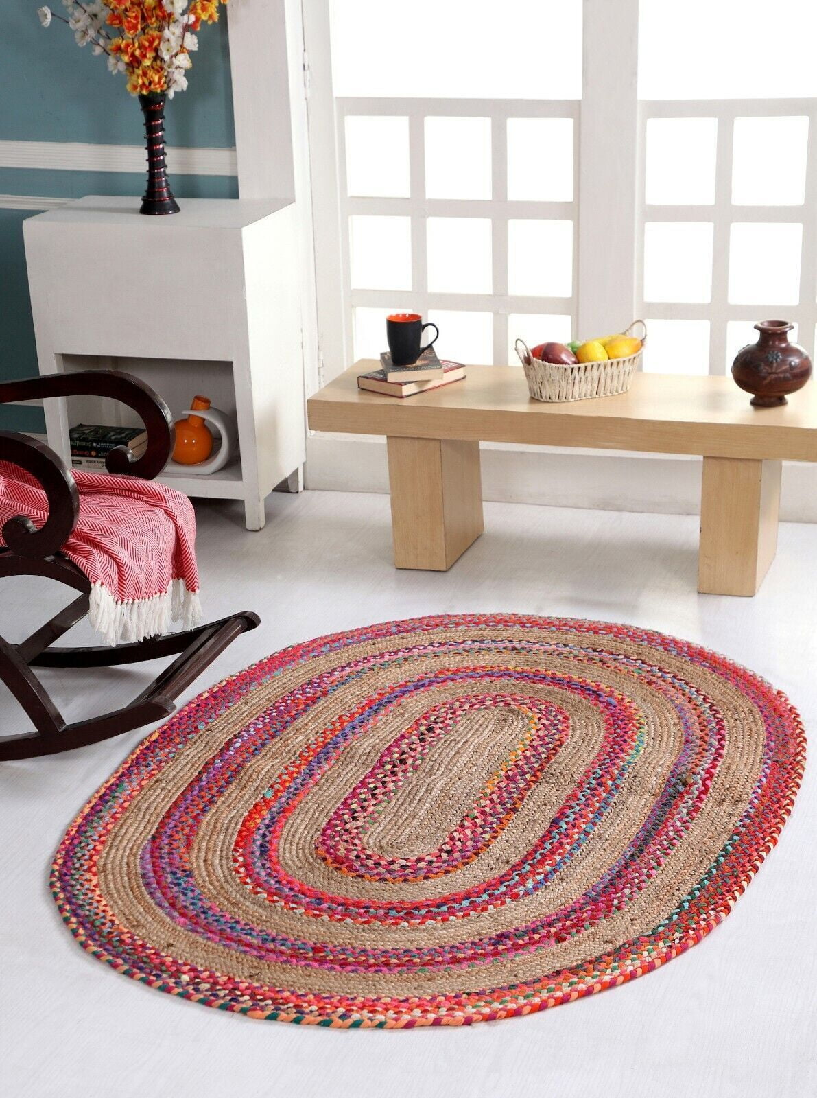 Indian Handmade Braided Multi Color Cotton with Natural Jute Oval Shape ...