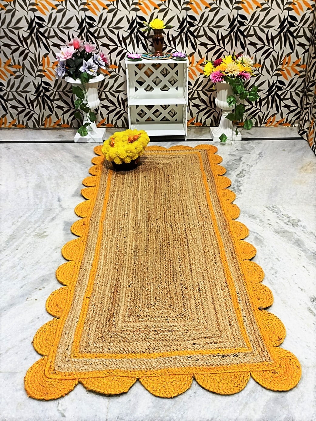 Indian Handmade Braided Natural Pure Jute with Yellow Scalloped Design ...