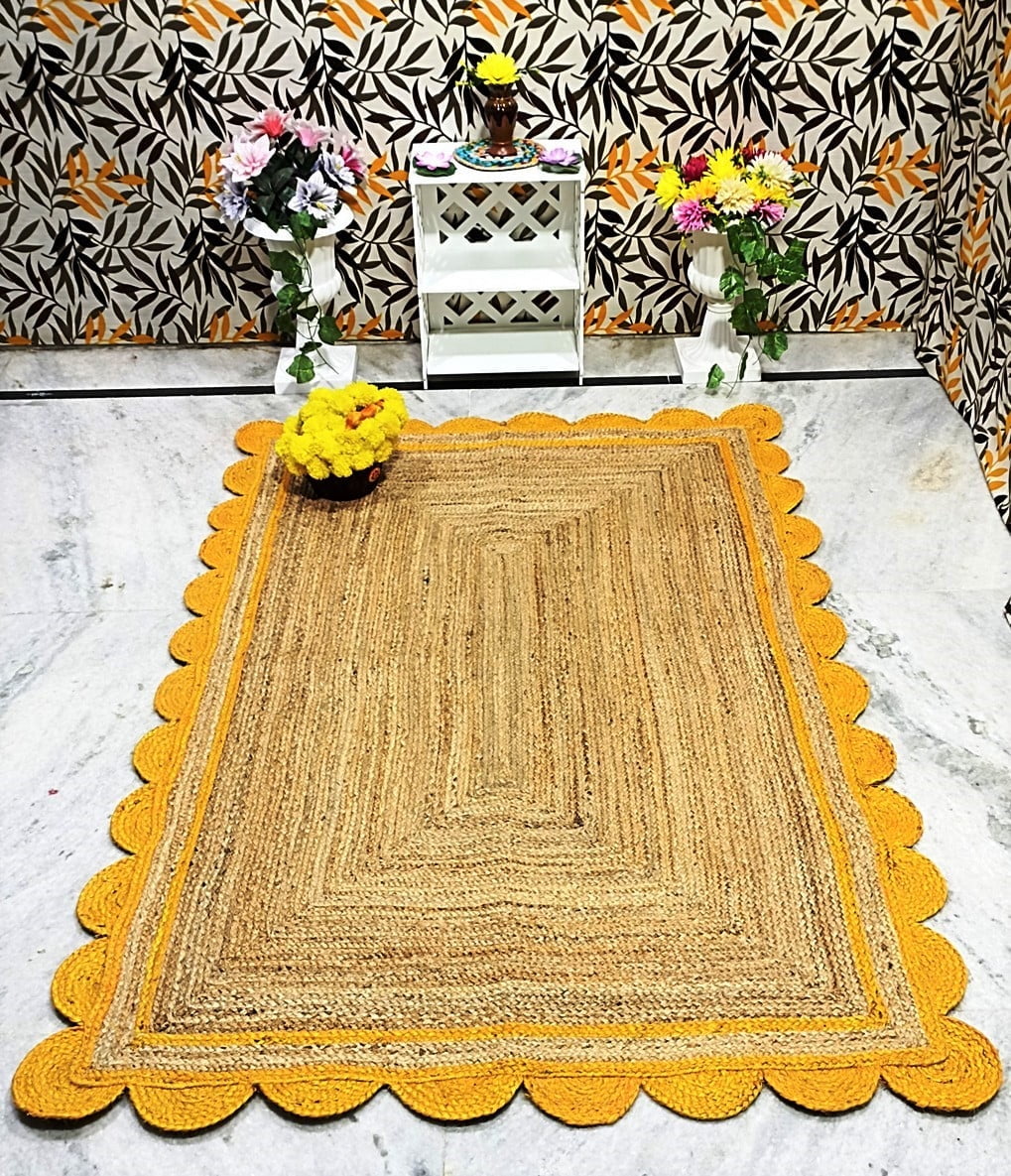 Indian Handmade Braided Natural Pure Jute with Yellow Scalloped Design ...