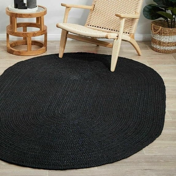 Indian Handmade Braided Pure Black Jute Area Rug 6 x 9 Feet Oval (183 ...