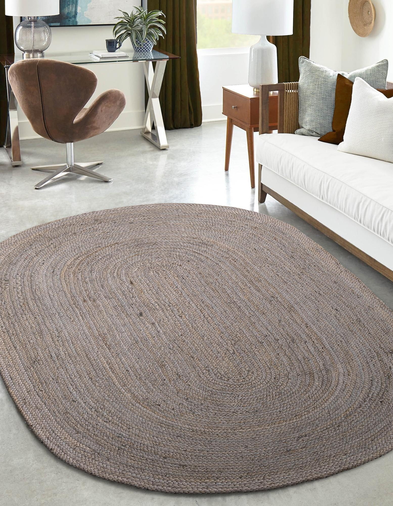 Indian Handmade Braided Pure Gray Jute Area Rug 8 x 10 Feet Oval (244 ...