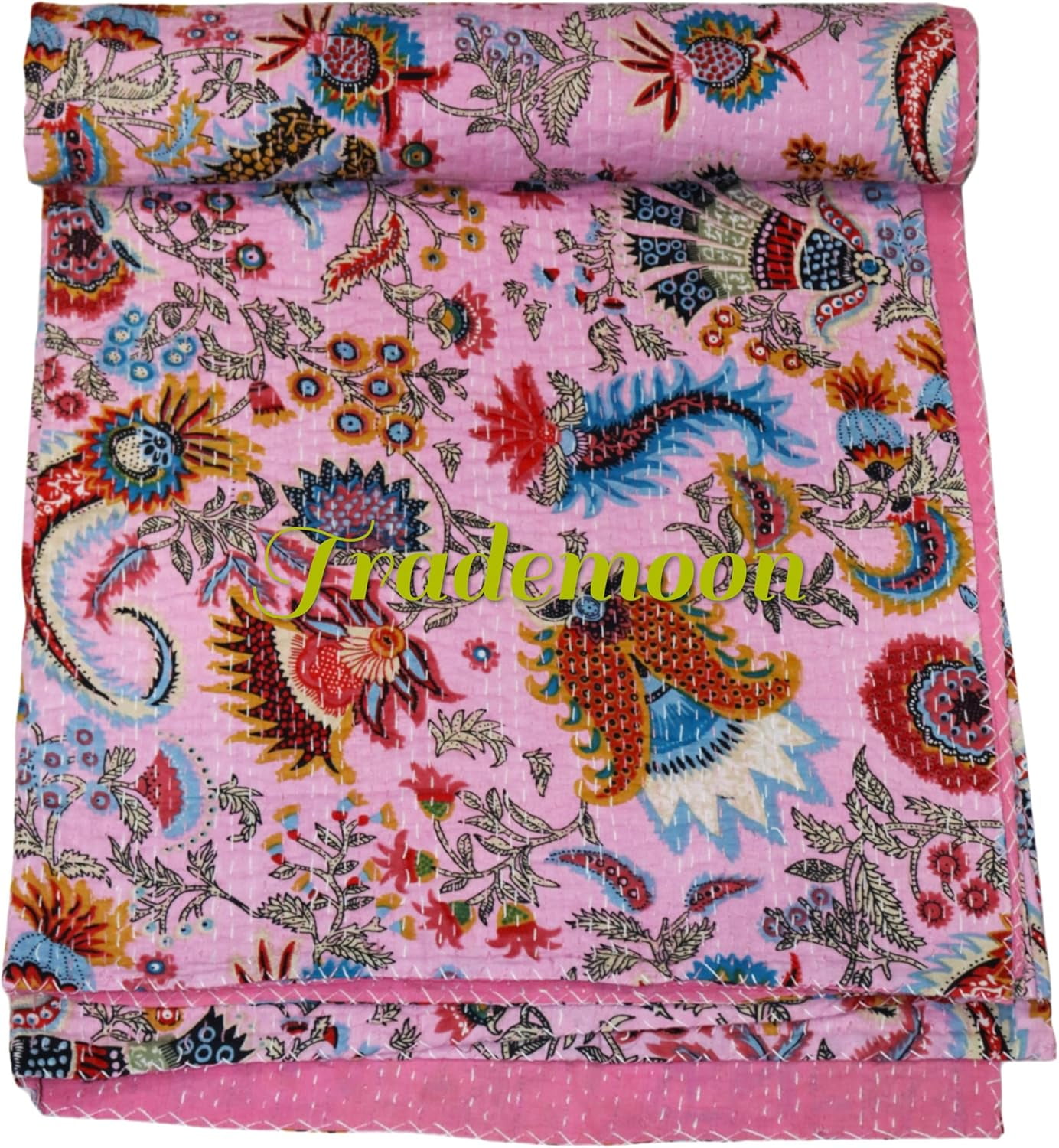 Indian Handmade Cotton Kantha Quilt,Kantha Gudri, Floral with Mukut ...