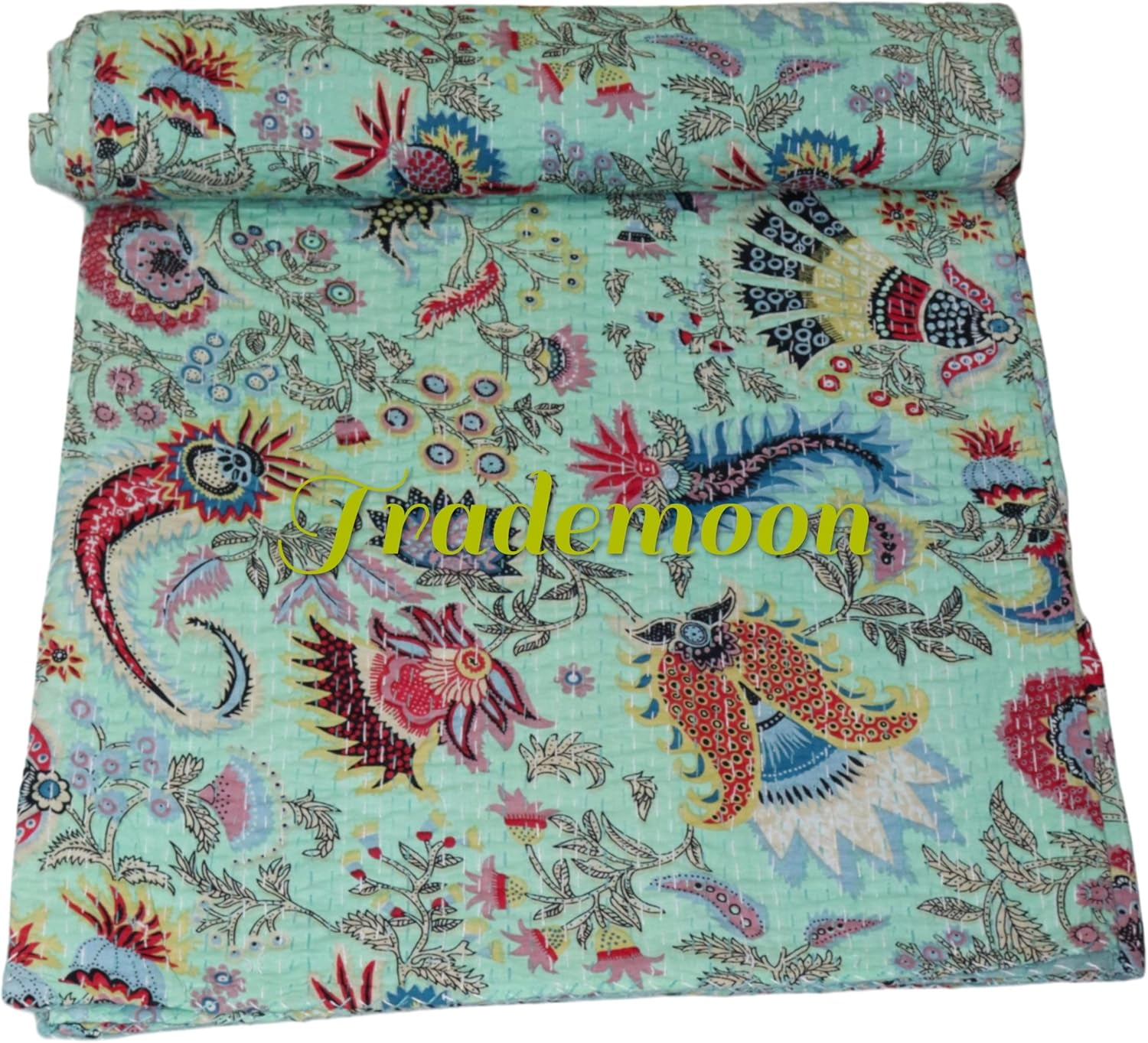Indian Handmade Cotton Kantha Quilt,Kantha Gudri, Floral with Mukut ...