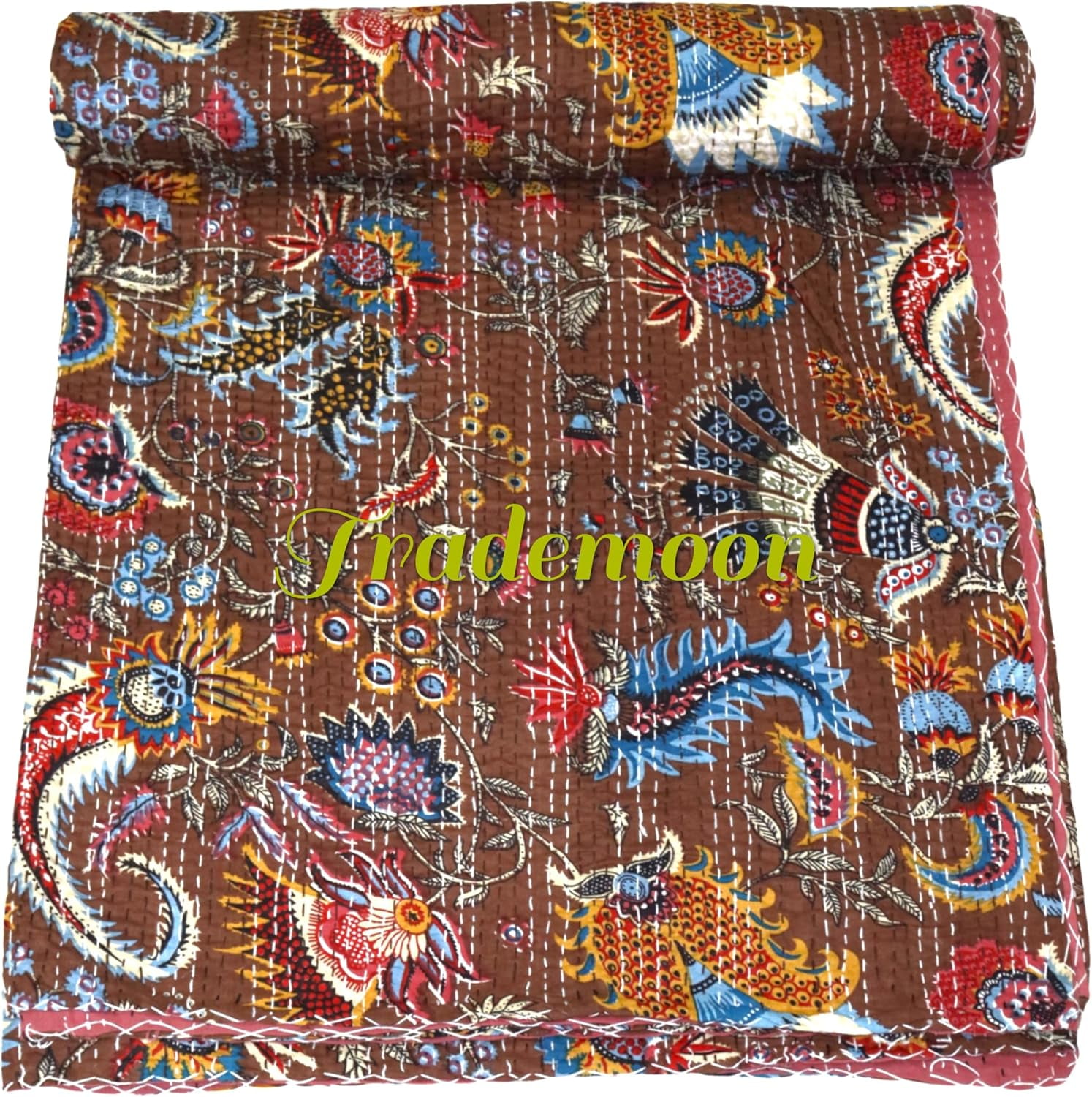 Indian Handmade Cotton Kantha Quilt,Kantha Gudri, Floral with Mukut ...