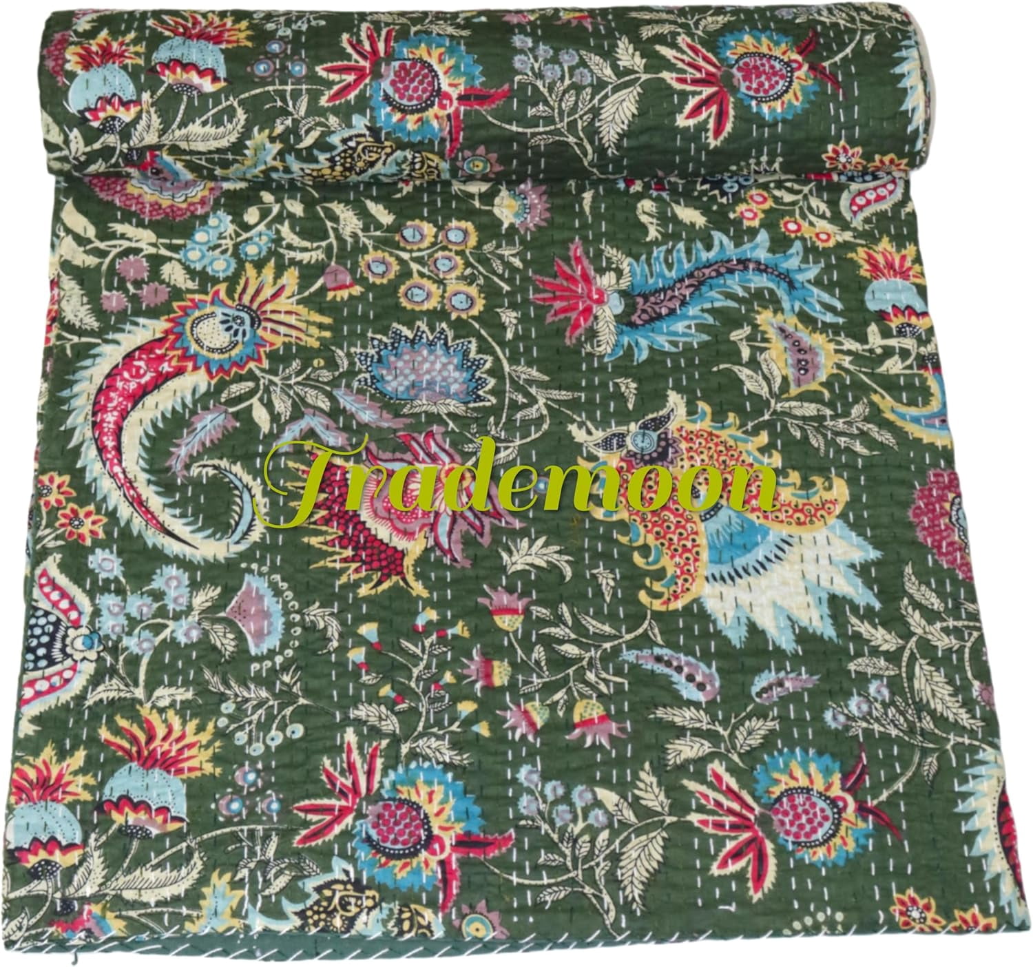 Indian Handmade Cotton Kantha Quilt,Kantha Gudri, Floral with Mukut ...