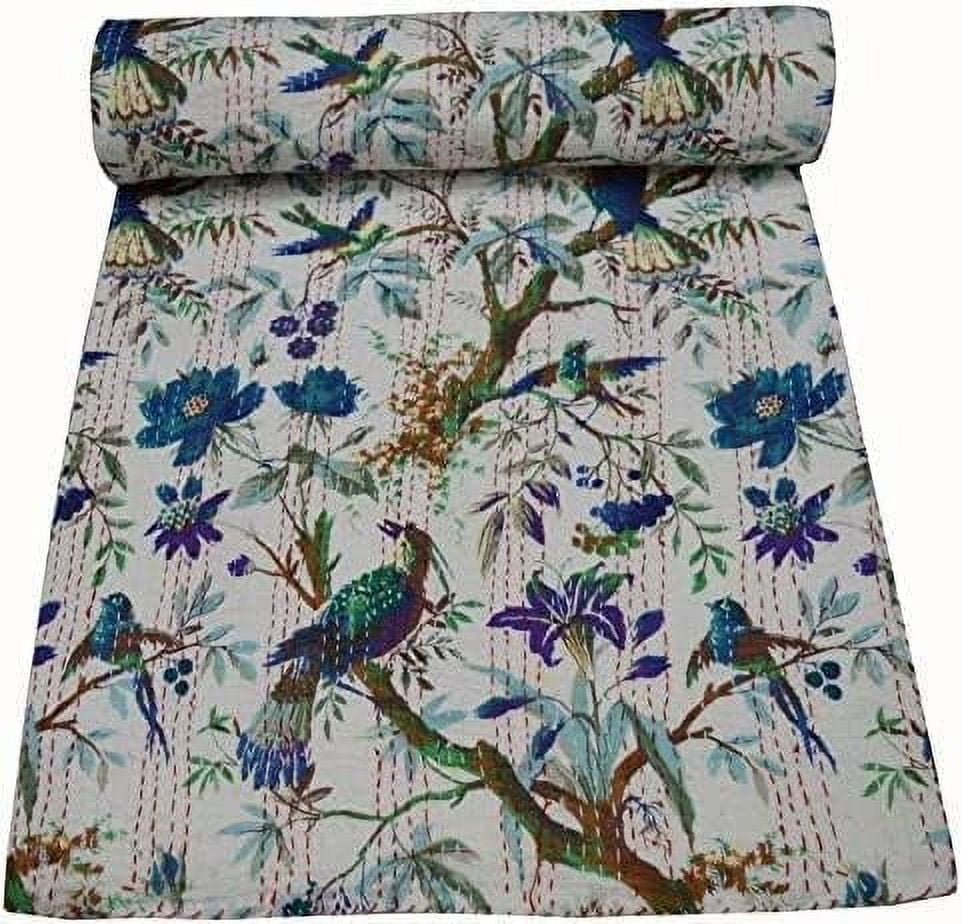Indian Handmade Floral Print Kantha Quilt, Bedspread , Blanket Size ...