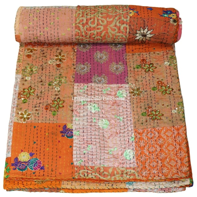 Indian Handmade Patchwork Kantha Quilt, Vintage Cotton,Silk Kantha ...